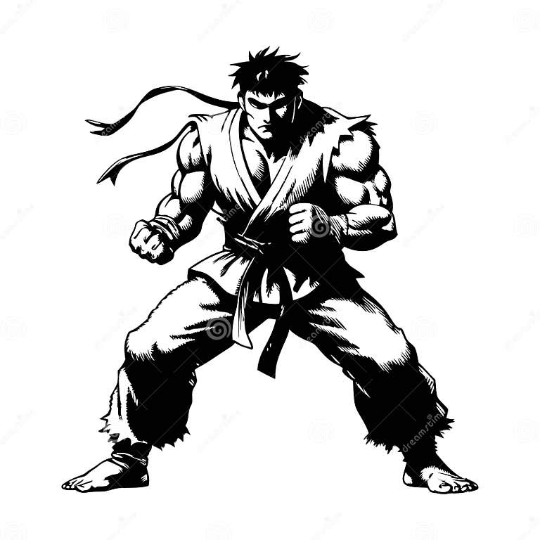 Karate Fighter in Battle Pose - Black and White Artwork Editorial Stock ...