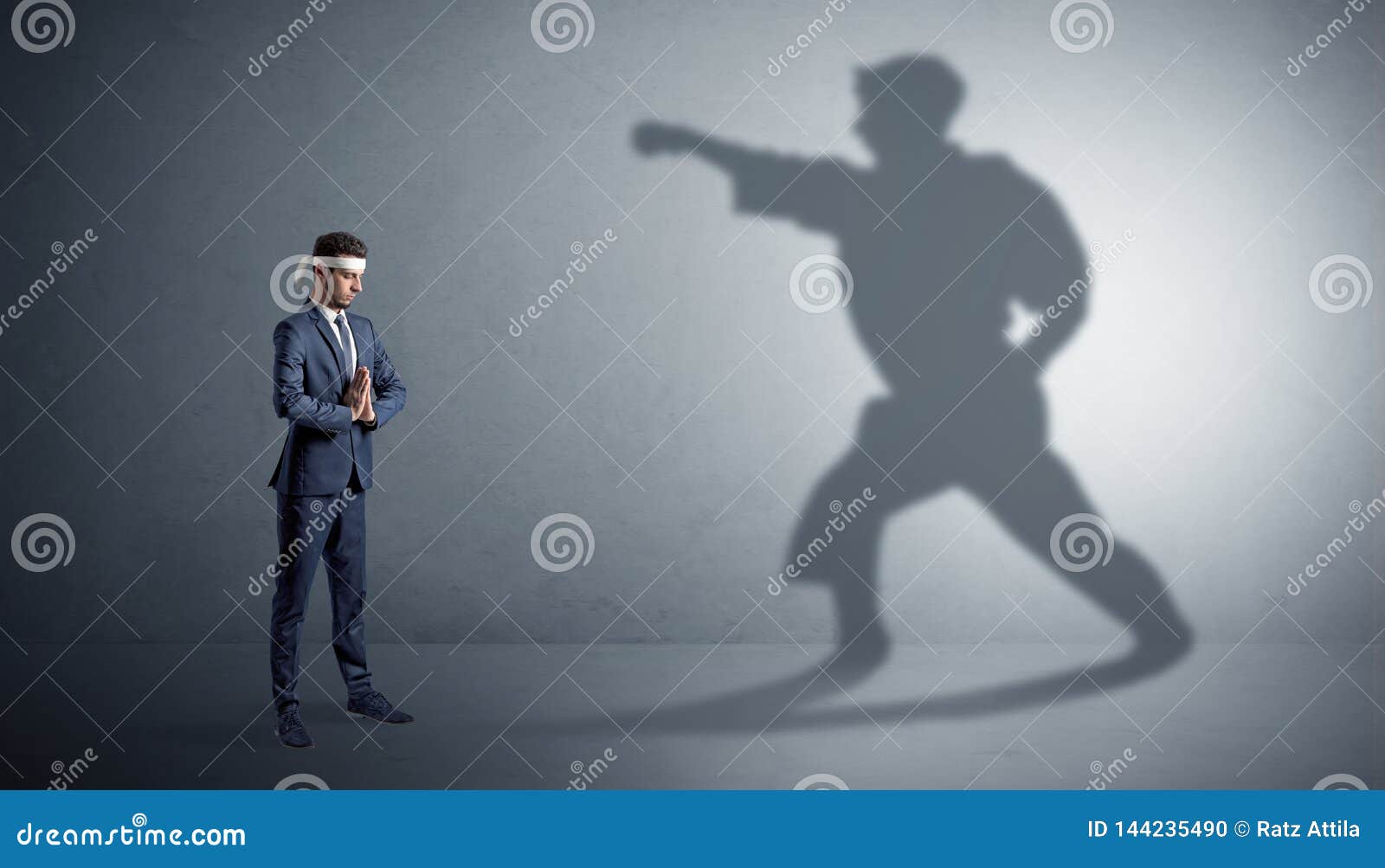 Karate Man Confronting with His Own Shadow Stock Illustration ...