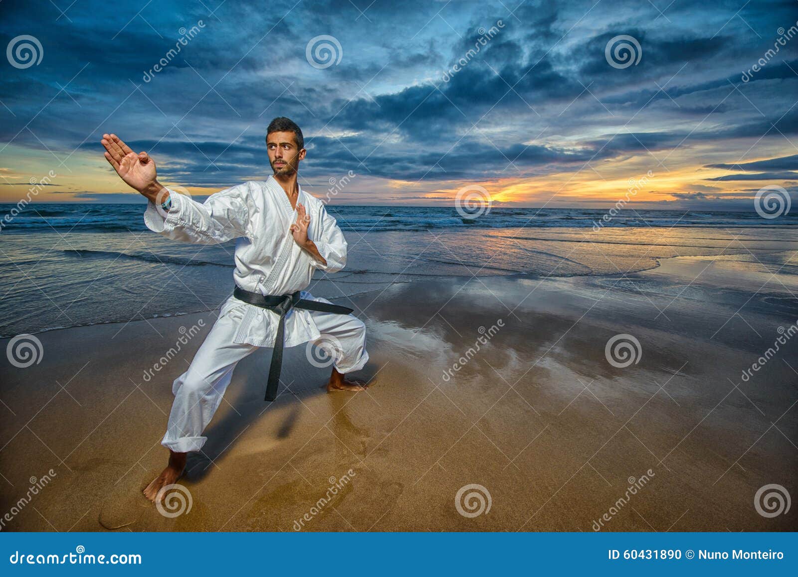 Karate Master in Defense Position Stock Photo - Image of side, beach ...
