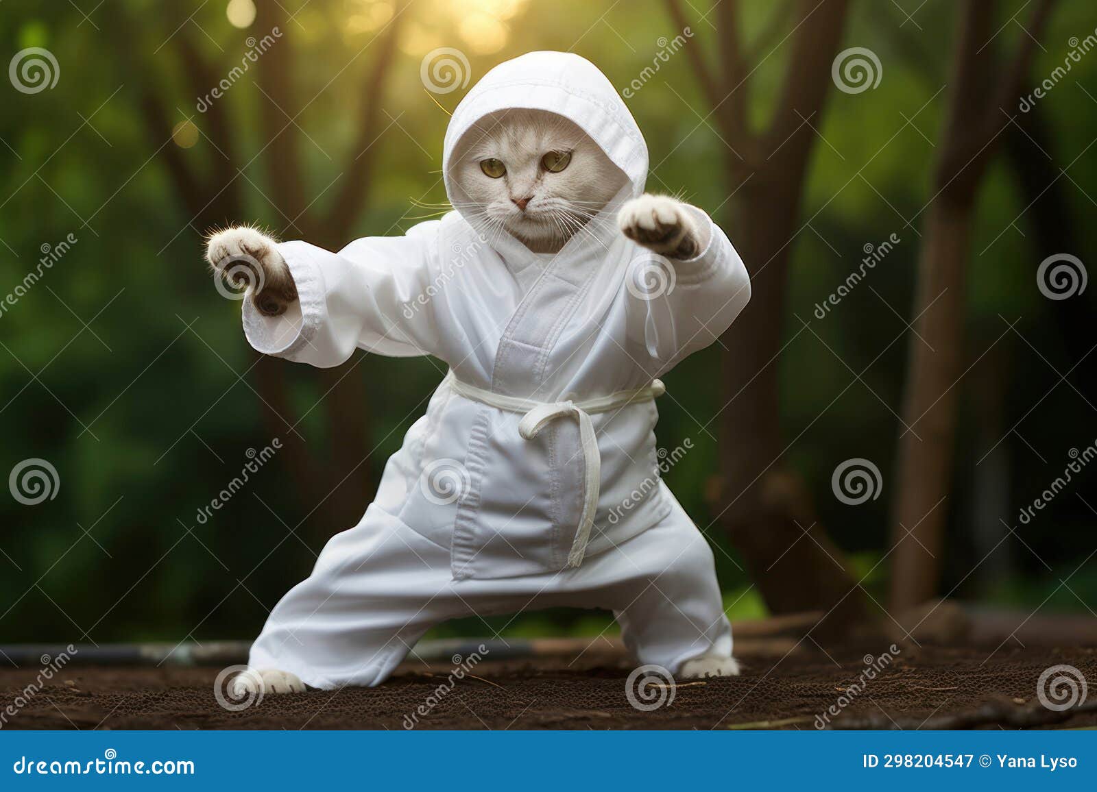 Karate Master White Cat Dressed in White Practice Uniform Showcasing Karate Skills in Forest ...