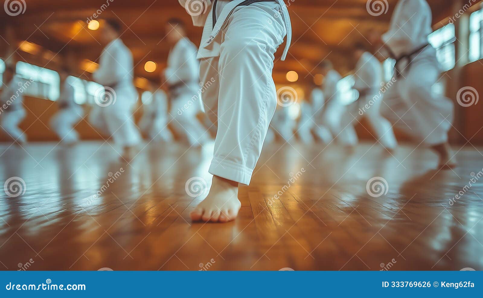 Karate Students Practicing Stances in a Dojo with Wooden Floors Stock ...