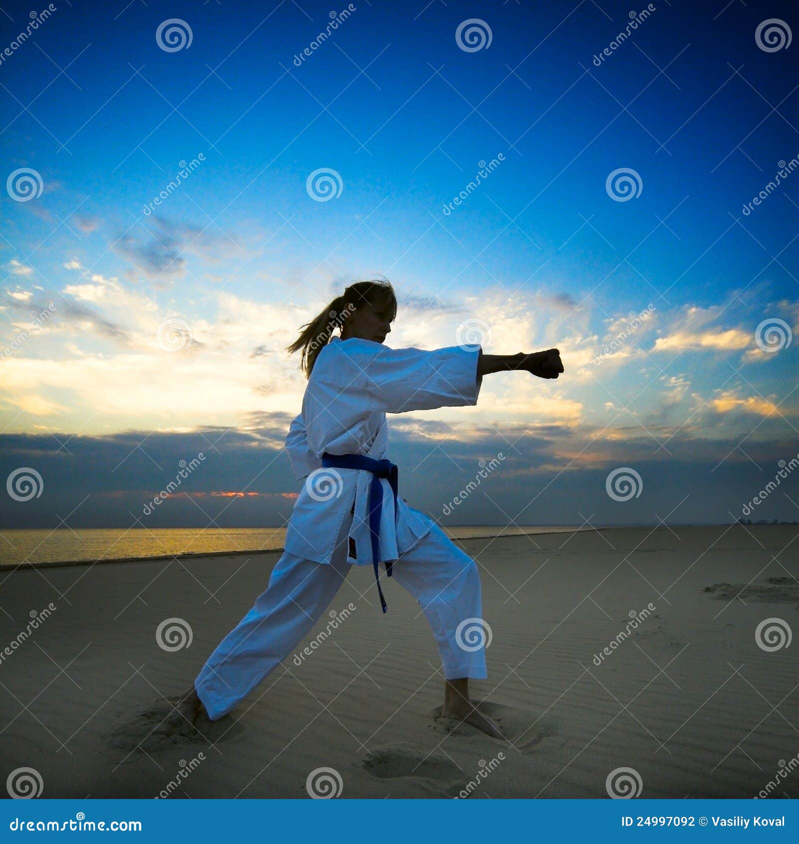 Karate on sunset beach stock photo. Image of fighter - 24997092