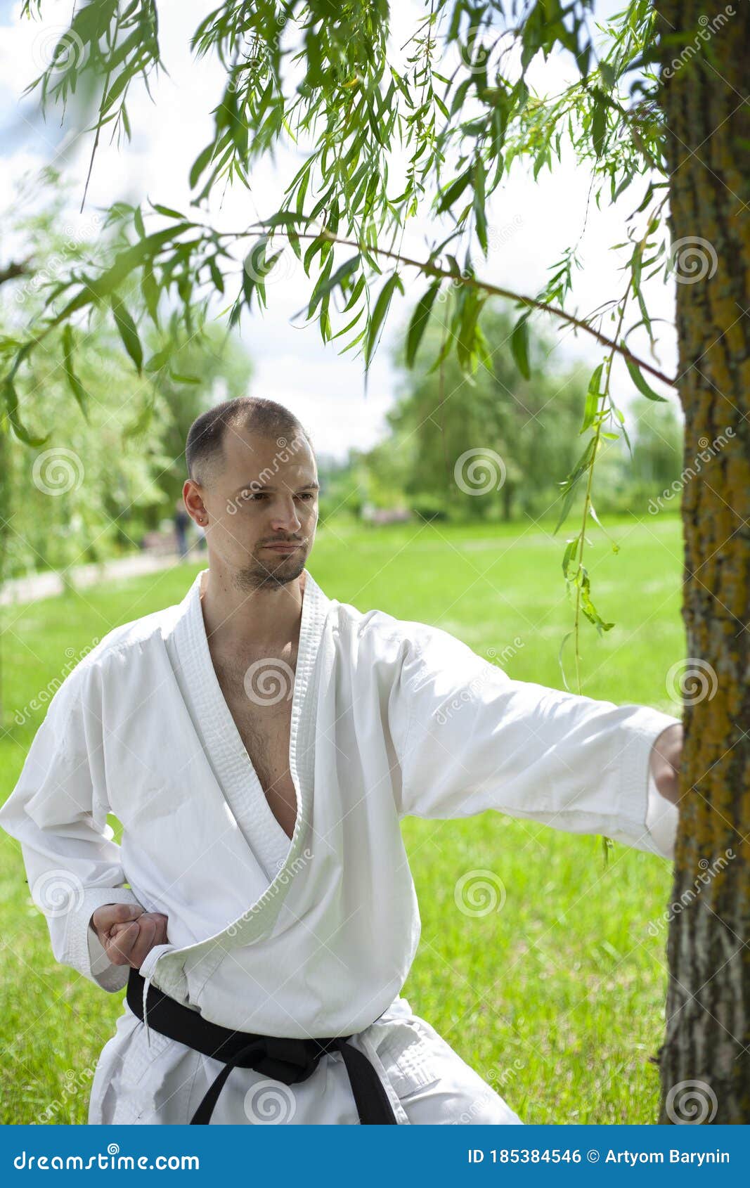 A Karate Trainer is Practicing a Hit Technique on a Tree. Black Belt in ...