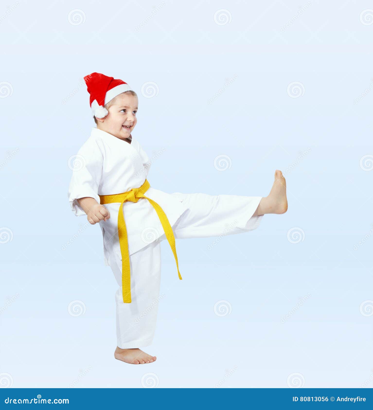 Karateka in the Cap of Santa Claus Hits a Kick Leg Stock Photo - Image ...