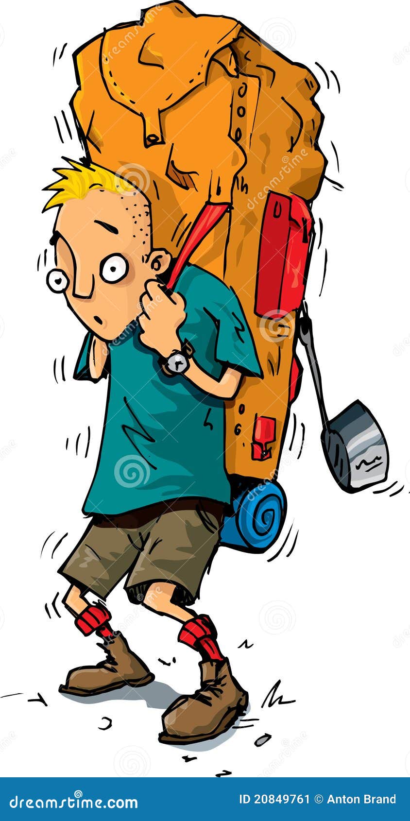 Karikatur Des Wanderers Mit Schwerem Rucksack Vektor Abbildung ...