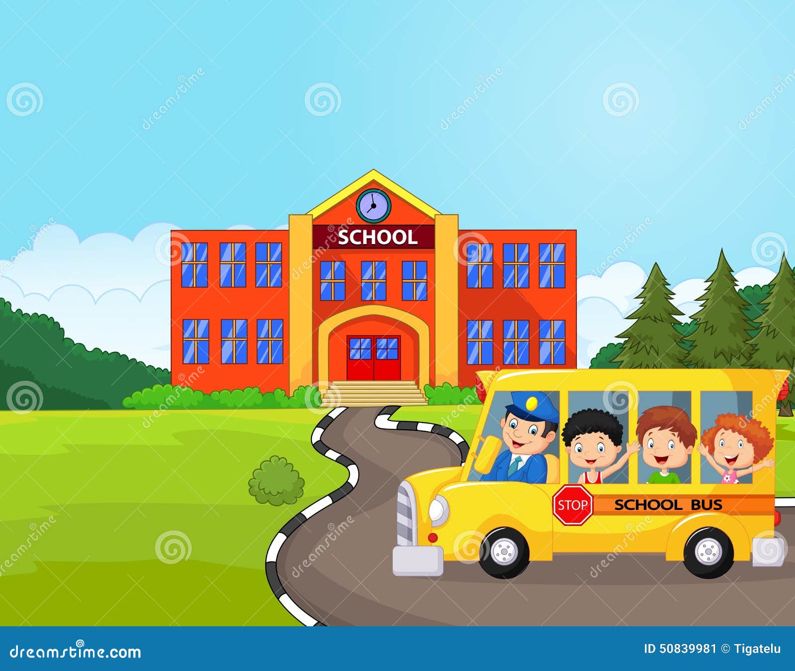 Karikatur Ein Schulbus Und Kinder Vor Schule Vektor Abbildung ...