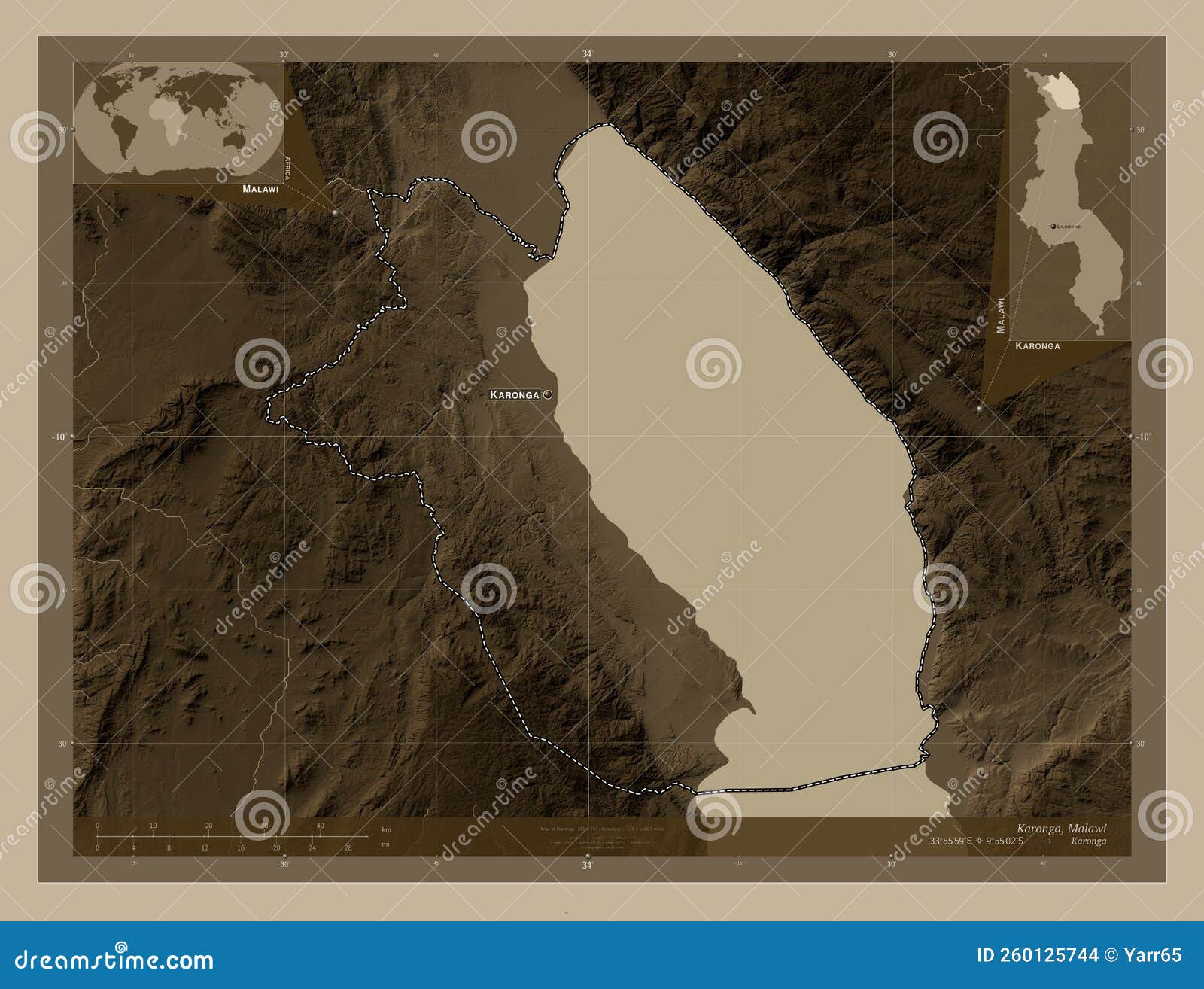 Karonga, Malawi. Sepia. Labelled Points of Cities Stock Illustration ...