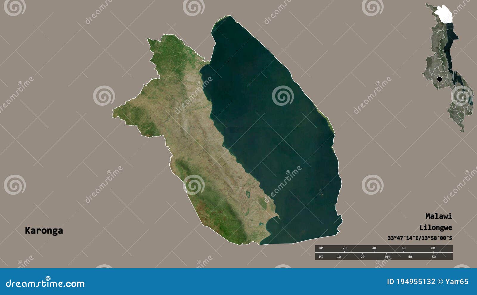 Karonga, District of Malawi, Zoomed. Satellite Stock Illustration ...