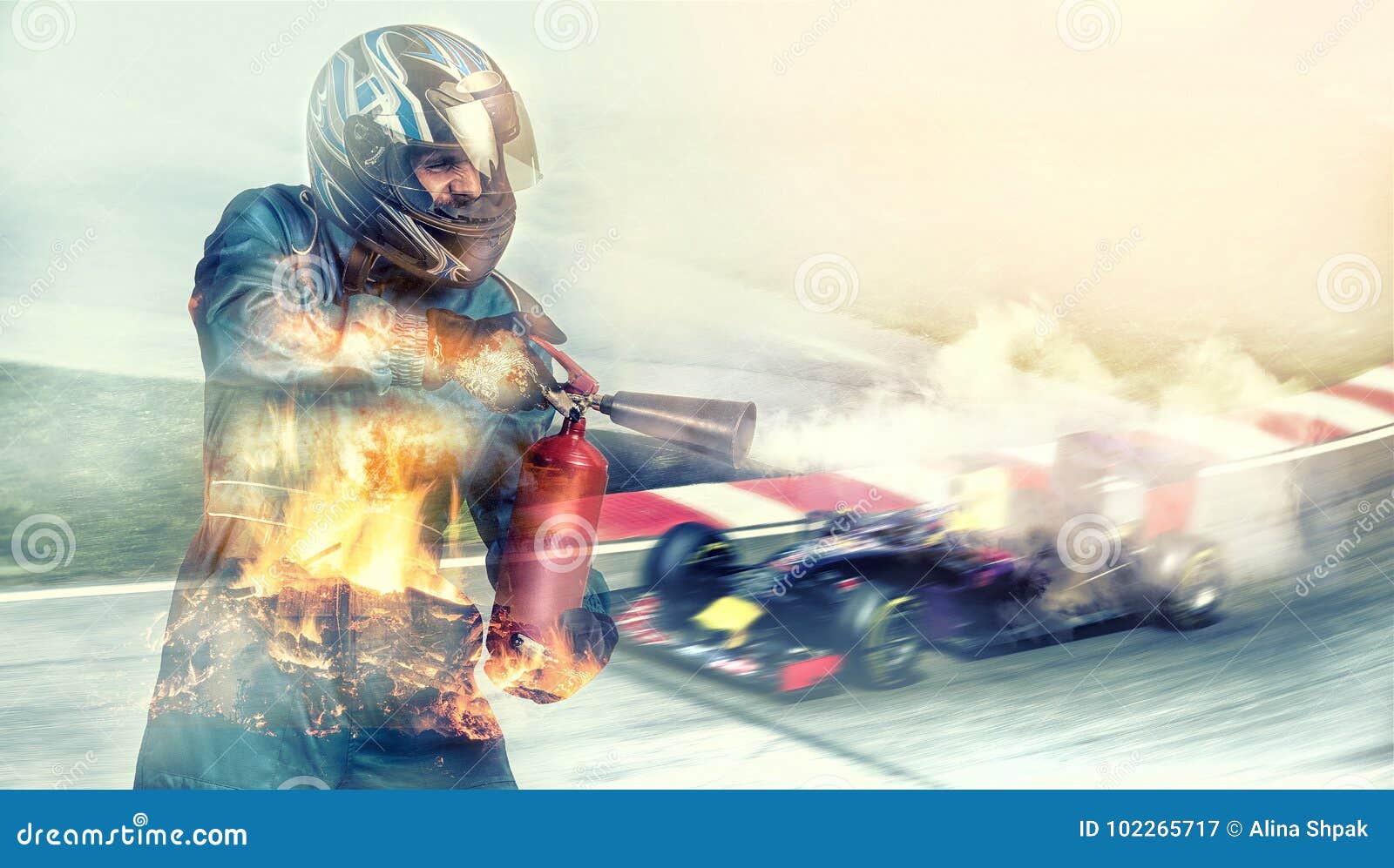 Kart Crossing the Finish Line Racer, Fire Stock Image - Image of ...