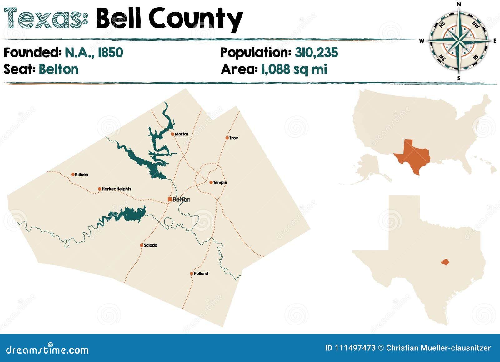 Karte Von Bell County in Texas Vektor Abbildung - Illustration von ...