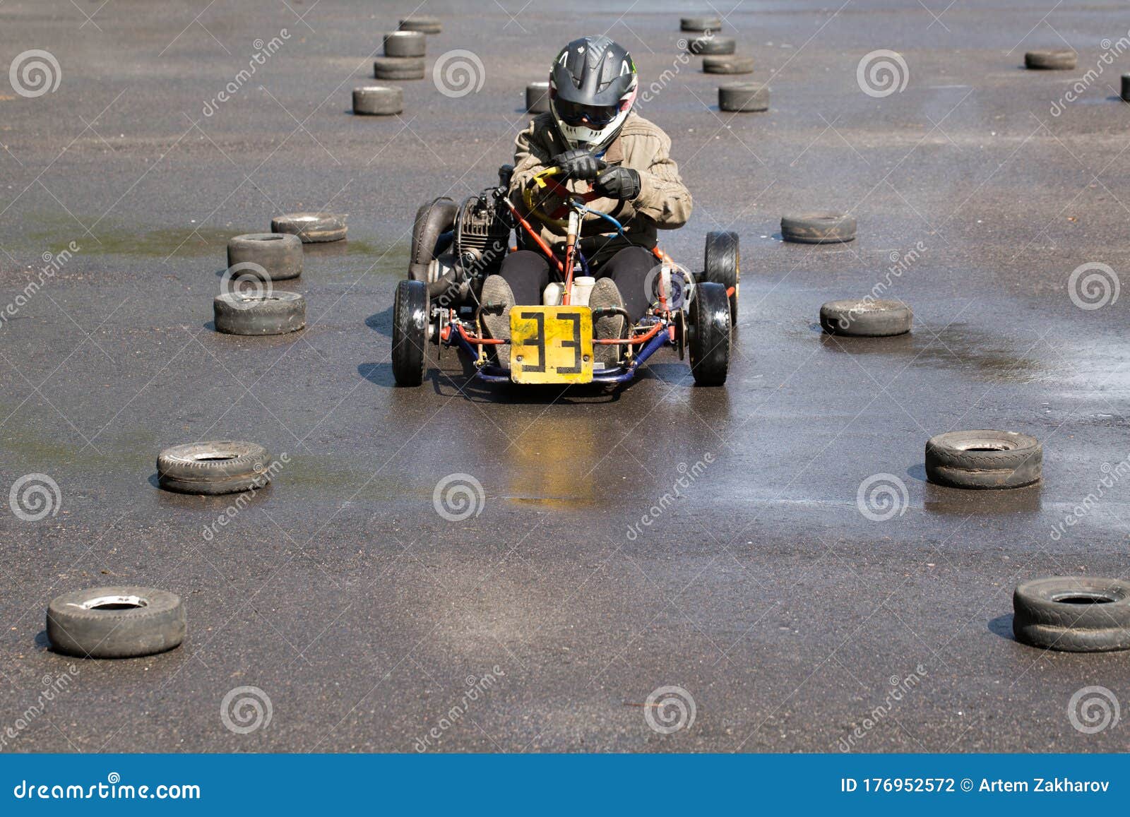 Karting - Driver in Helmet on Kart Circuit. Stock Photo - Image of ...