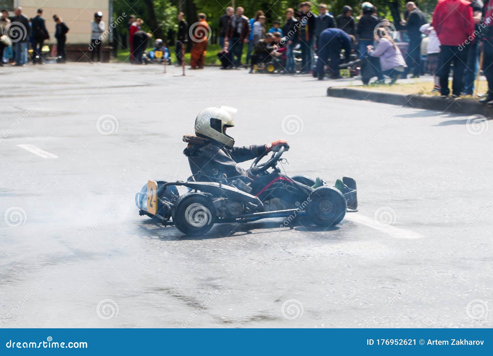 Karting - Driver in Helmet on Kart Circuit. Stock Image - Image of ...