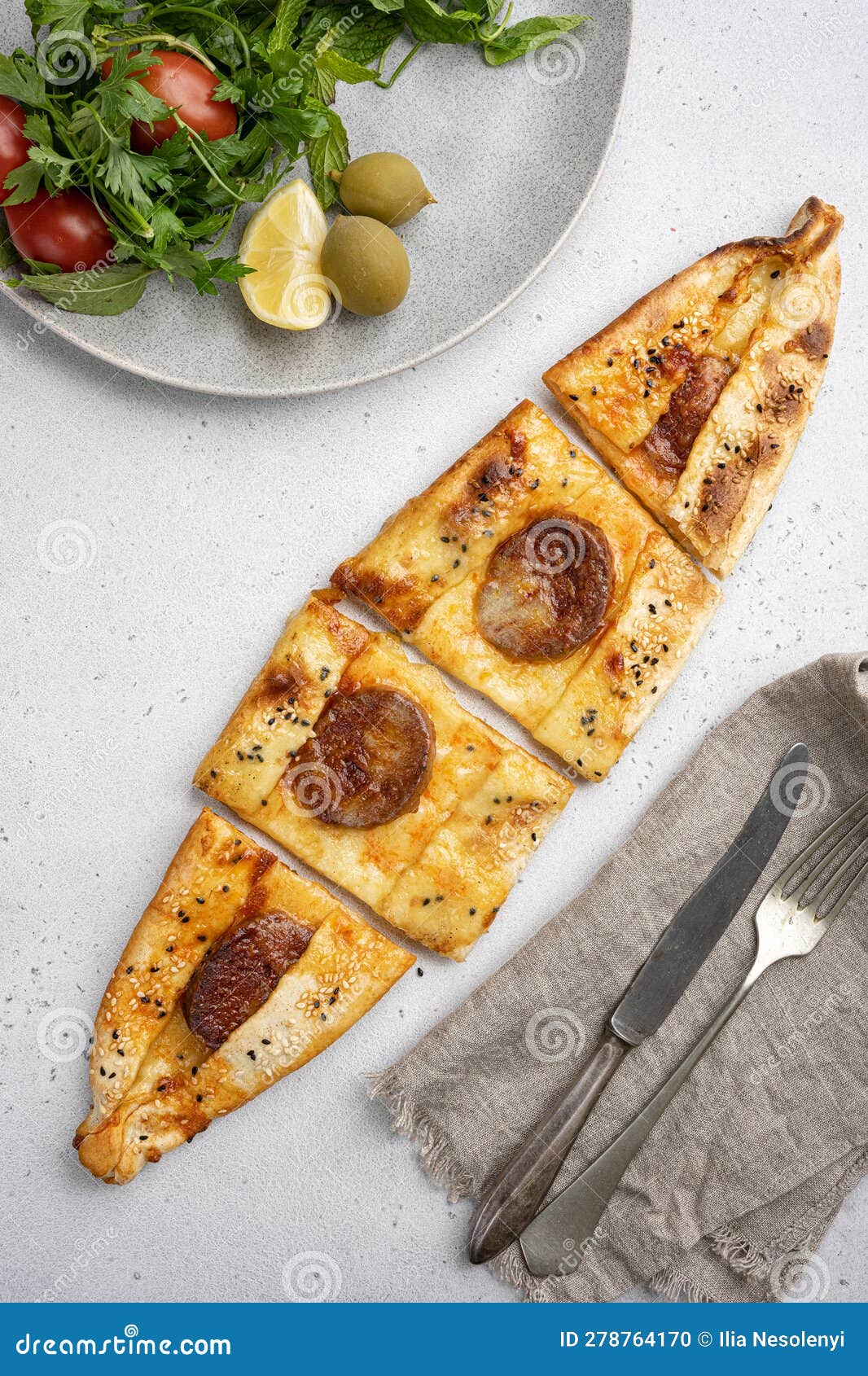 Kasarli Sucuklu Pide, on Gray Concrete Table Background, Top View Flat ...