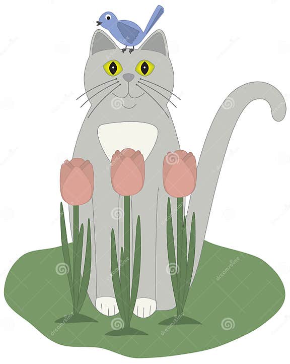 Kat met vogel op hoofd vector illustratie. Illustration of vleugel ...