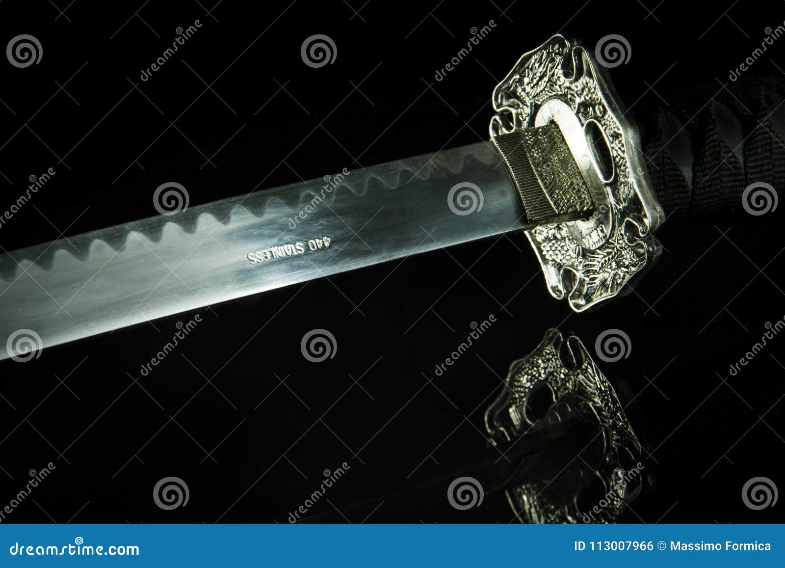 Katana Sword On A Black Background And Reflective Table Stock Photo ...
