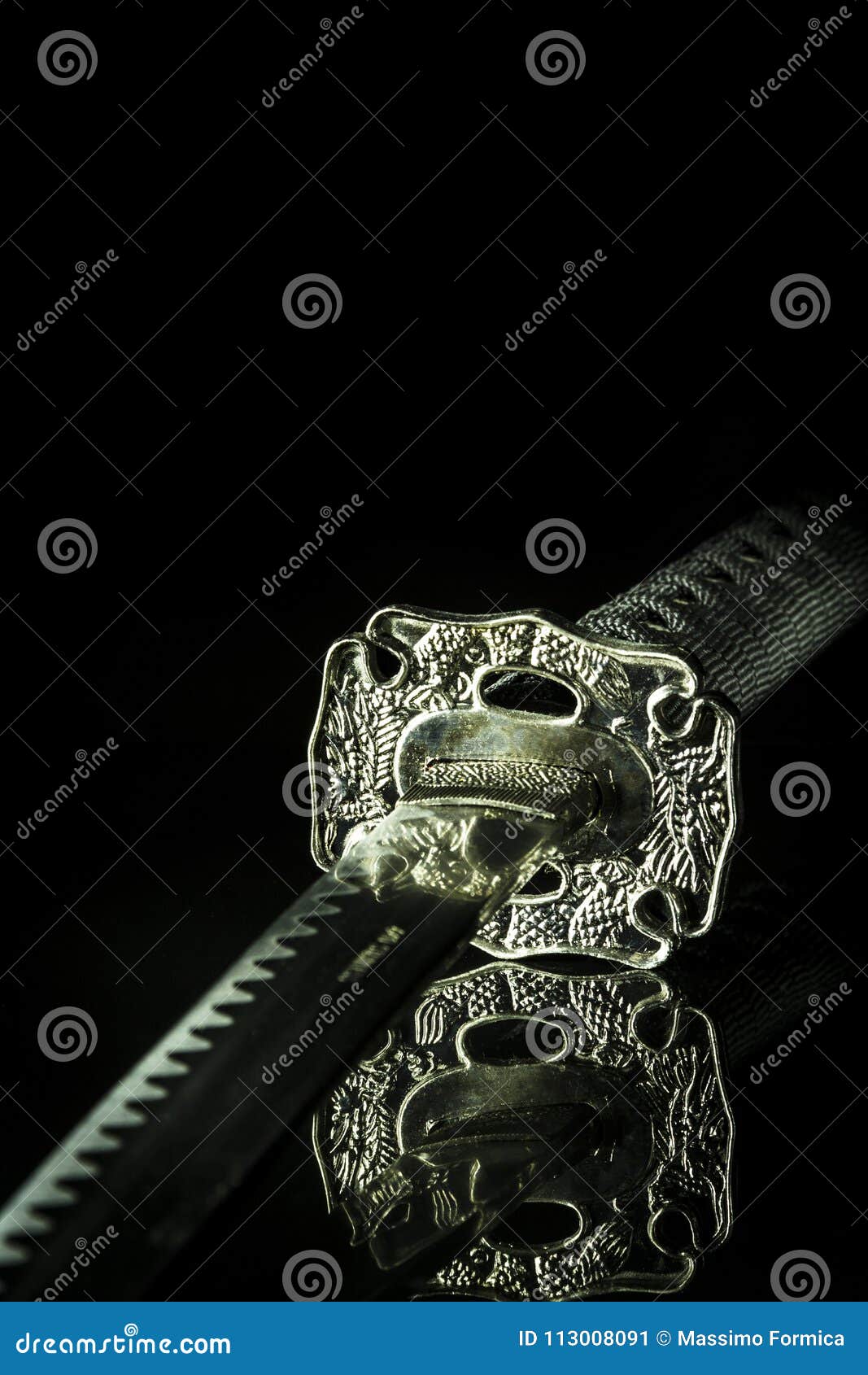 Katana Sword on a Black Background and Reflective Table Stock Image ...