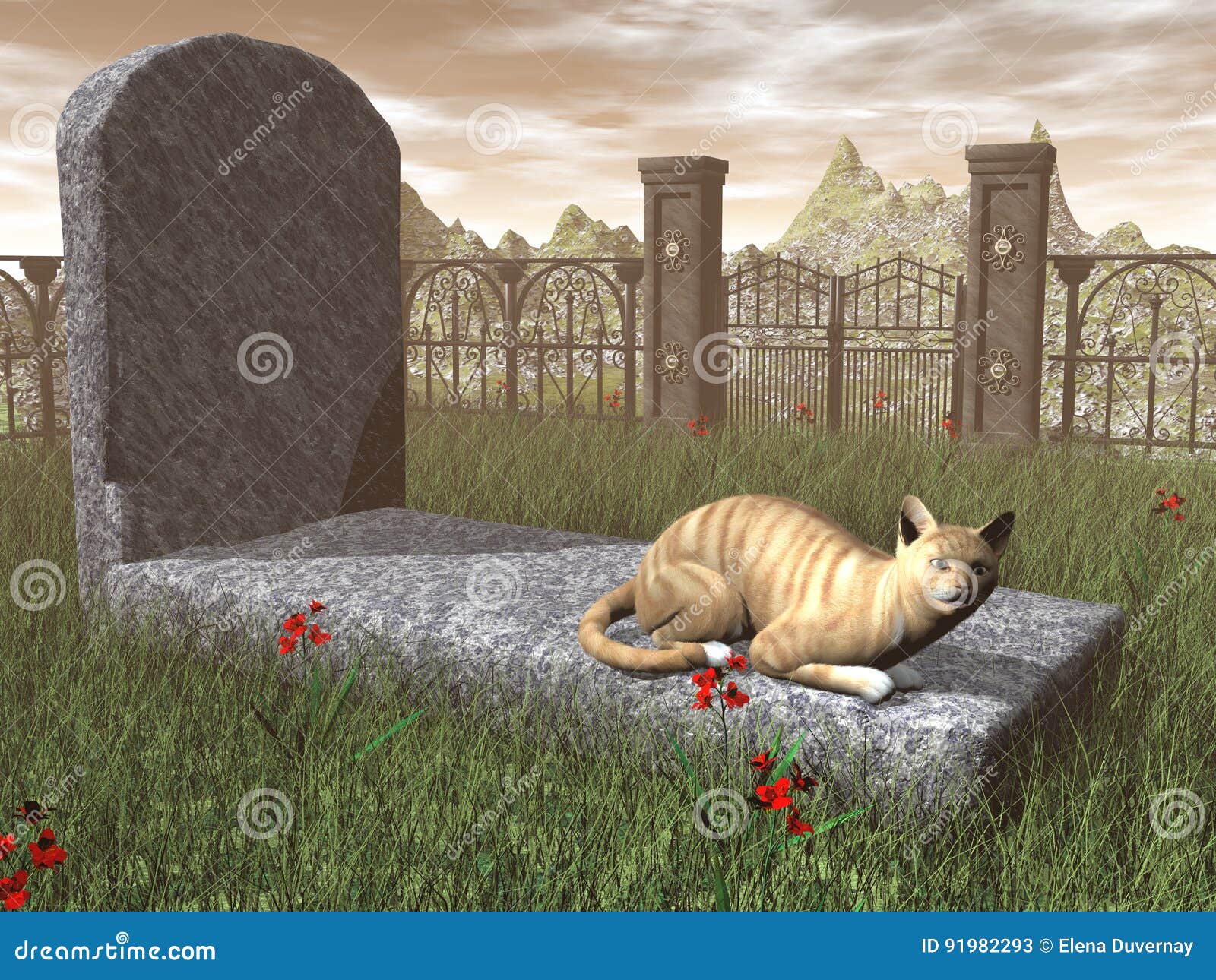Katt På En Gravsten - 3D Framför Stock Illustrationer - Illustration av ...