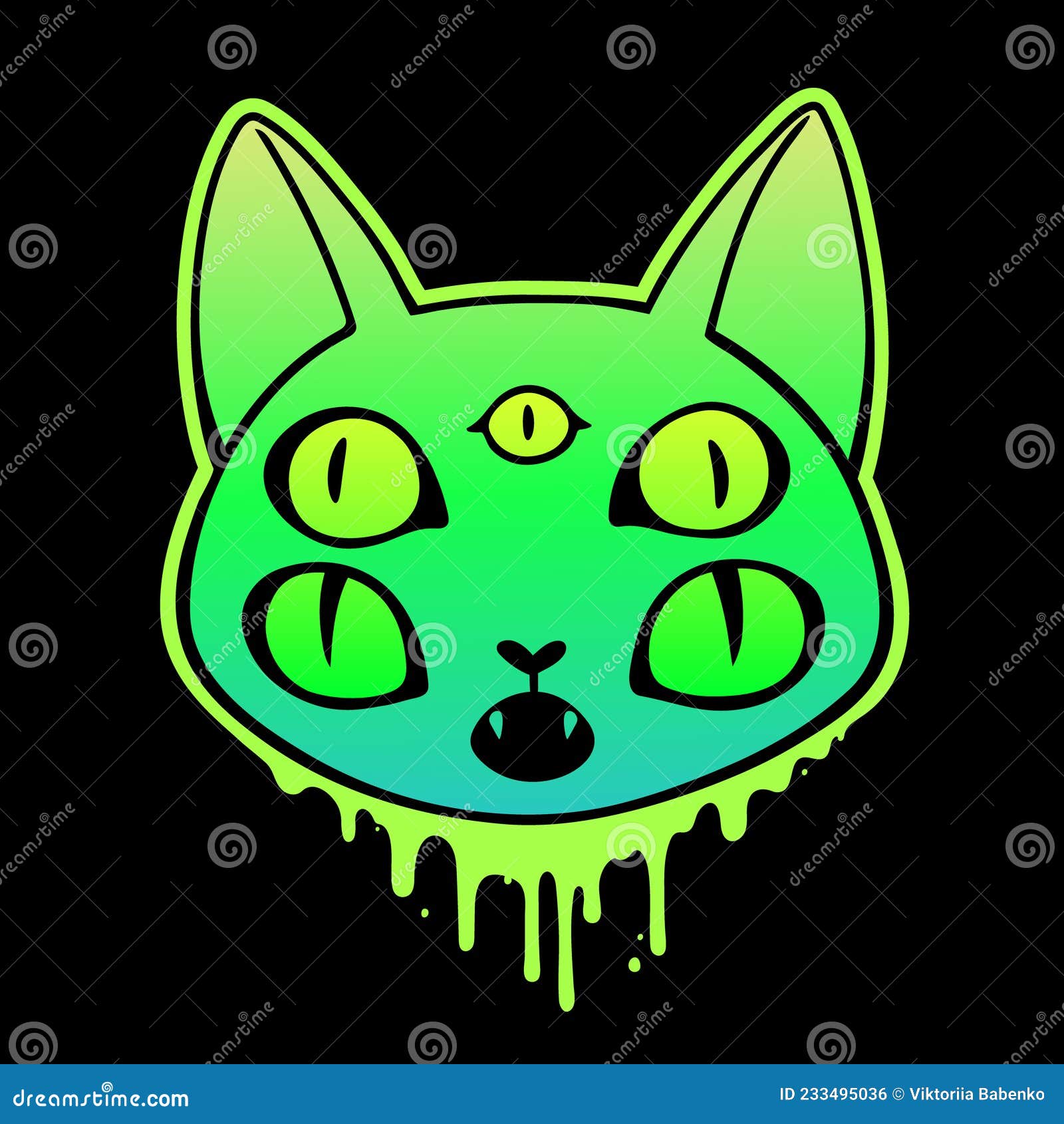 Kattenkop Met Vijf Ogen En Druppeldruppels Vector Illustratie ...