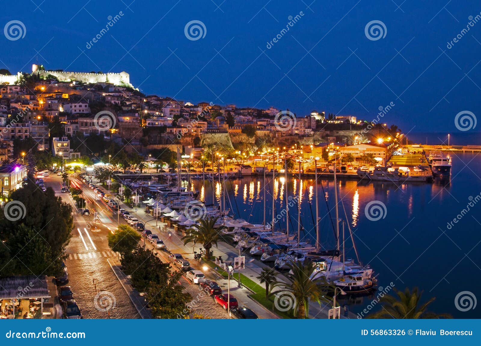 Kavala by night, Greece stock photo. Image of travel - 56863326