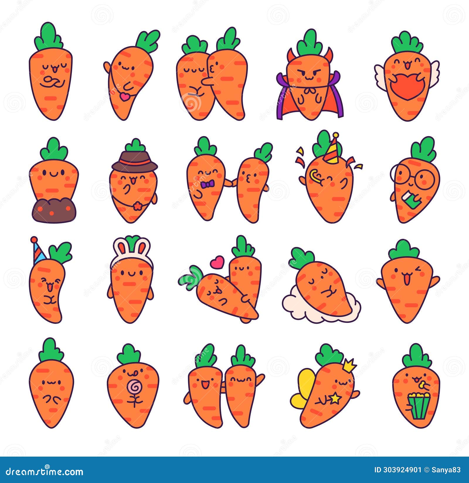 Kawaii Carrot With Funny Faces Stock Illustration Illustration Of