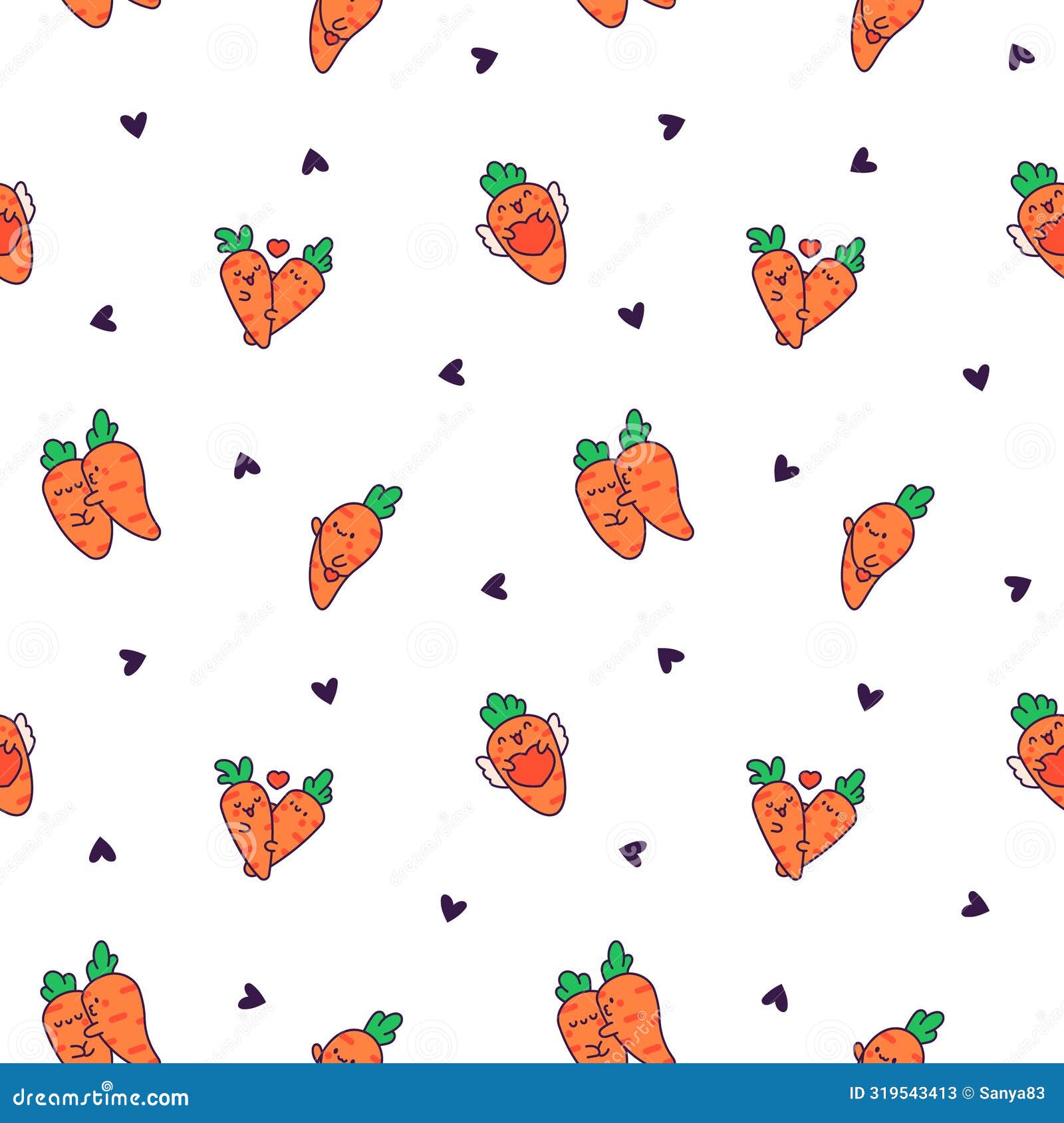 Kawaii Carrot With Funny Faces Seamless Pattern Stock Vector
