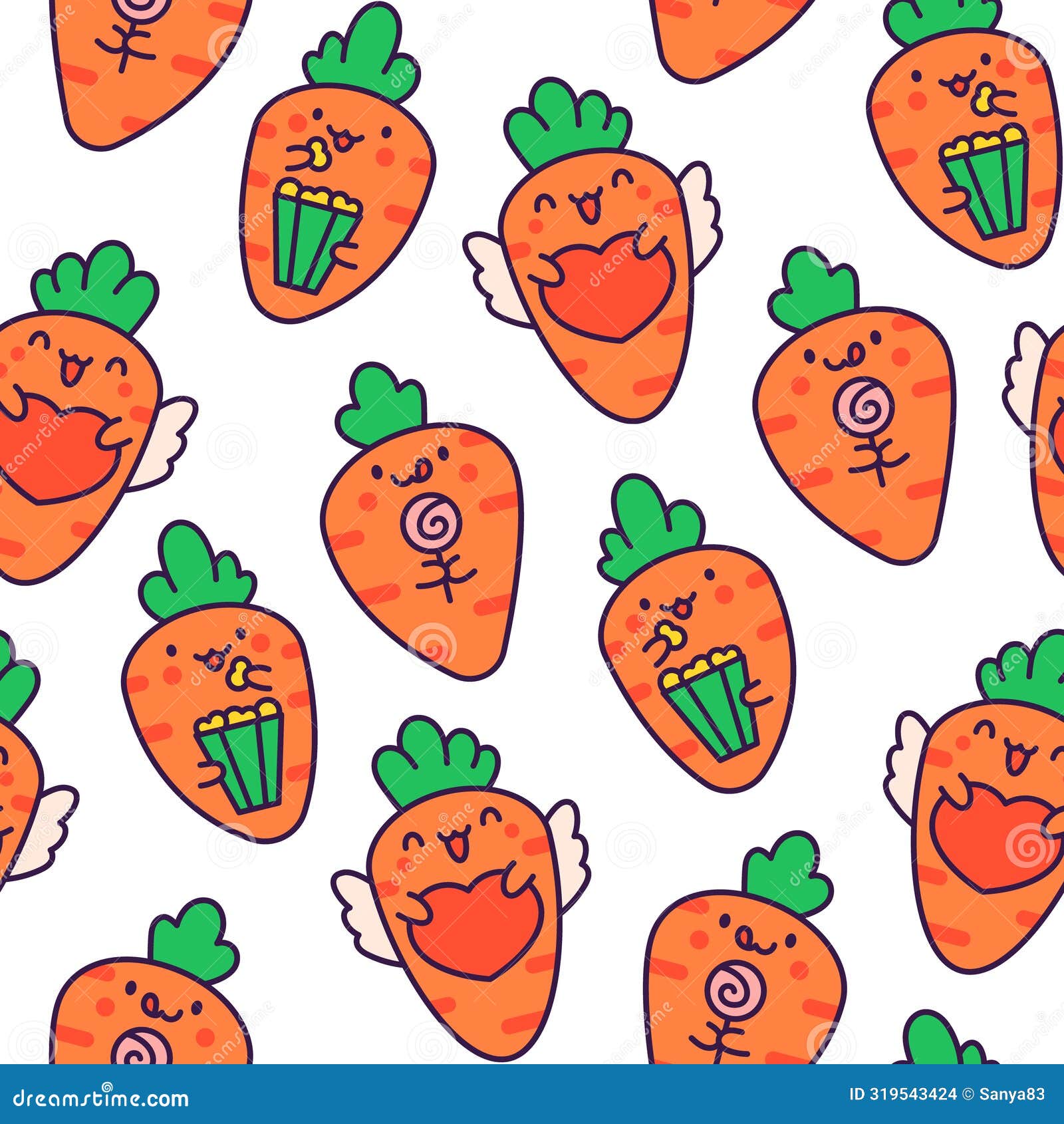 Kawaii Carrot With Funny Faces Seamless Pattern Stock Vector