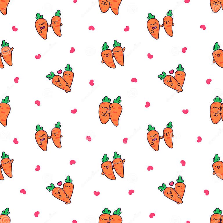 Kawaii Carrot With Funny Faces Seamless Pattern Stock Vector