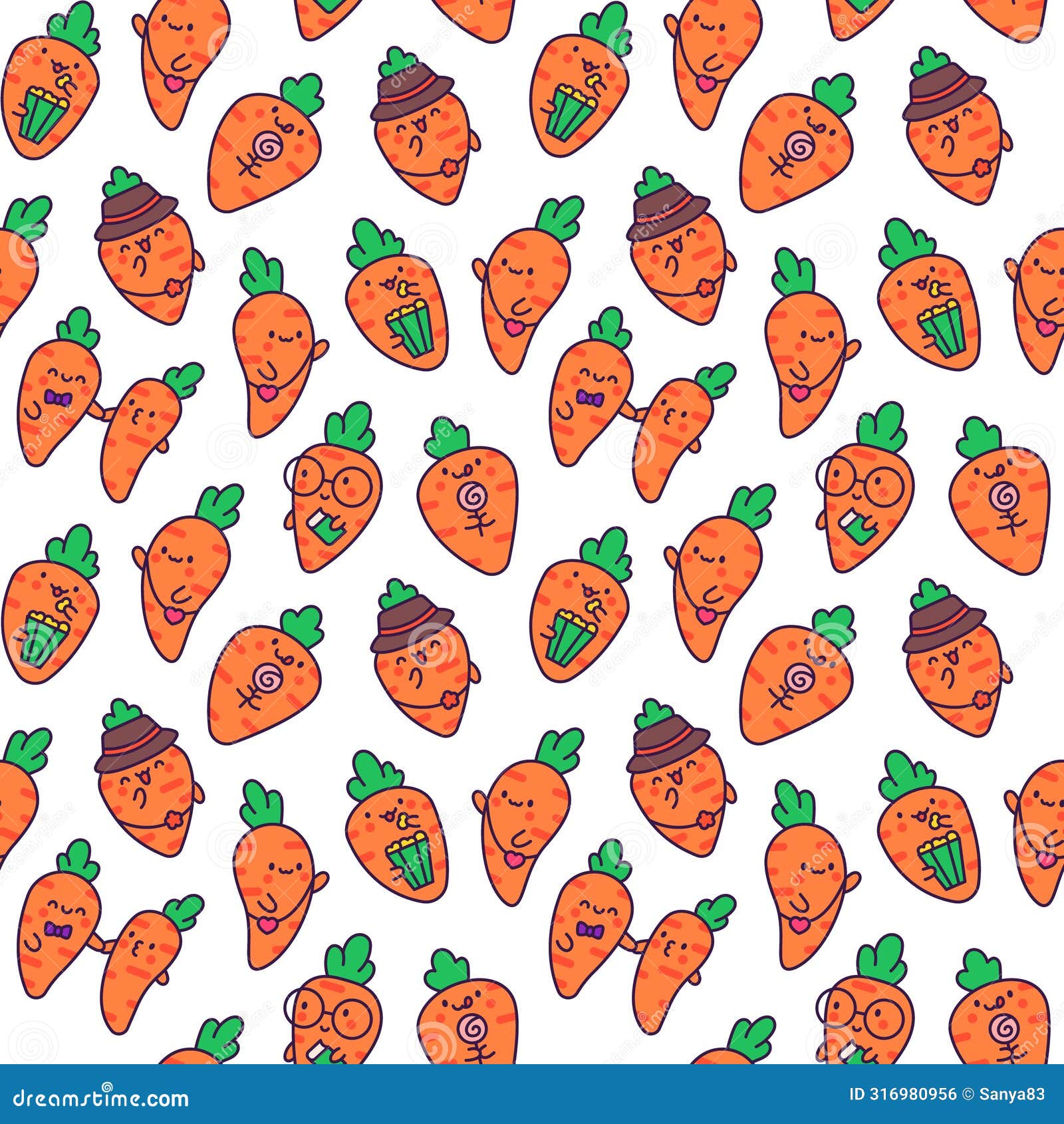 Kawaii Carrot With Funny Faces Seamless Pattern Stock Vector