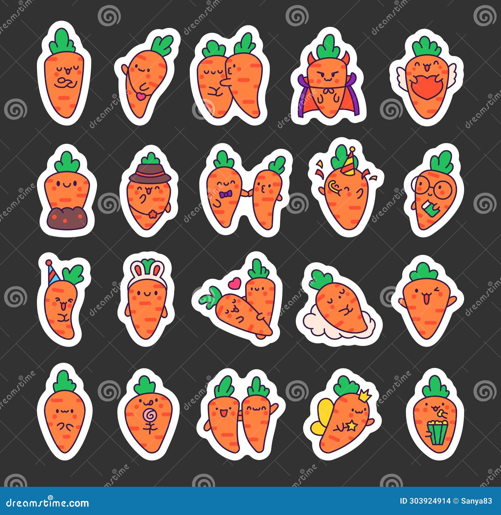 Kawaii Carrot With Funny Faces Sticker Bookmark Stock Illustration