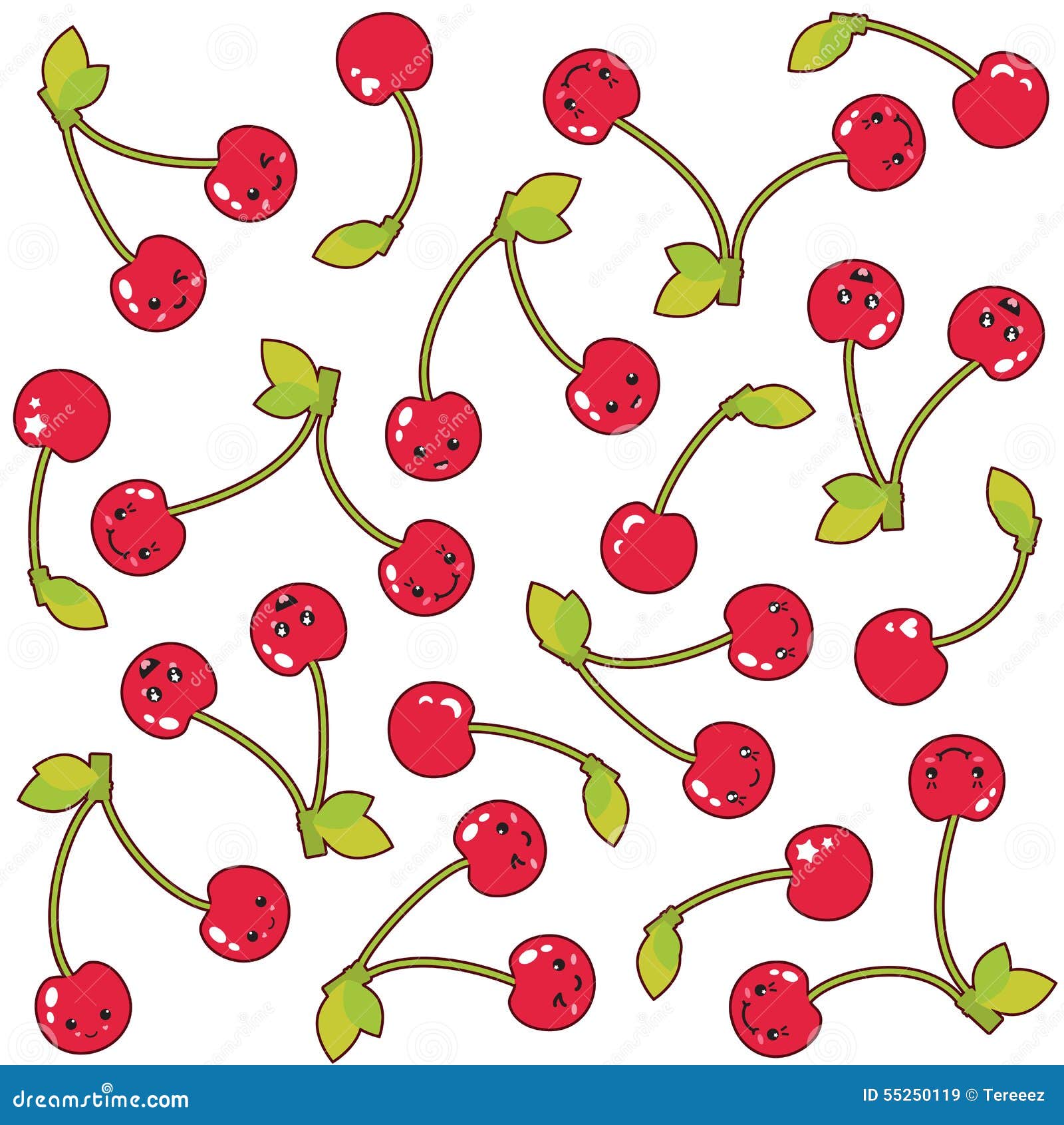 Kawaii Cherries Seamless Pattern Stock Illustration - Illustration of ...