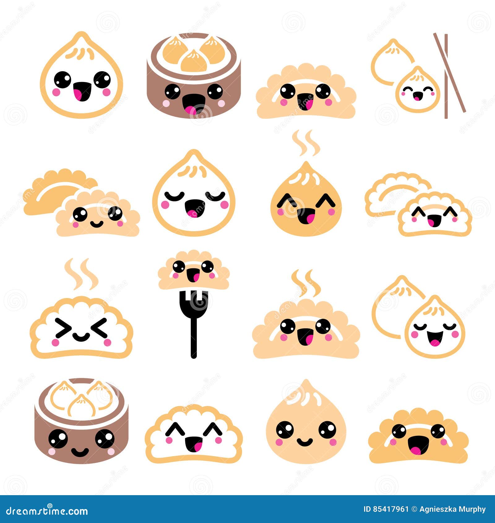Kawaii Chinese Dumplings Cute Asian Food Dim Sum Vector Icons Set