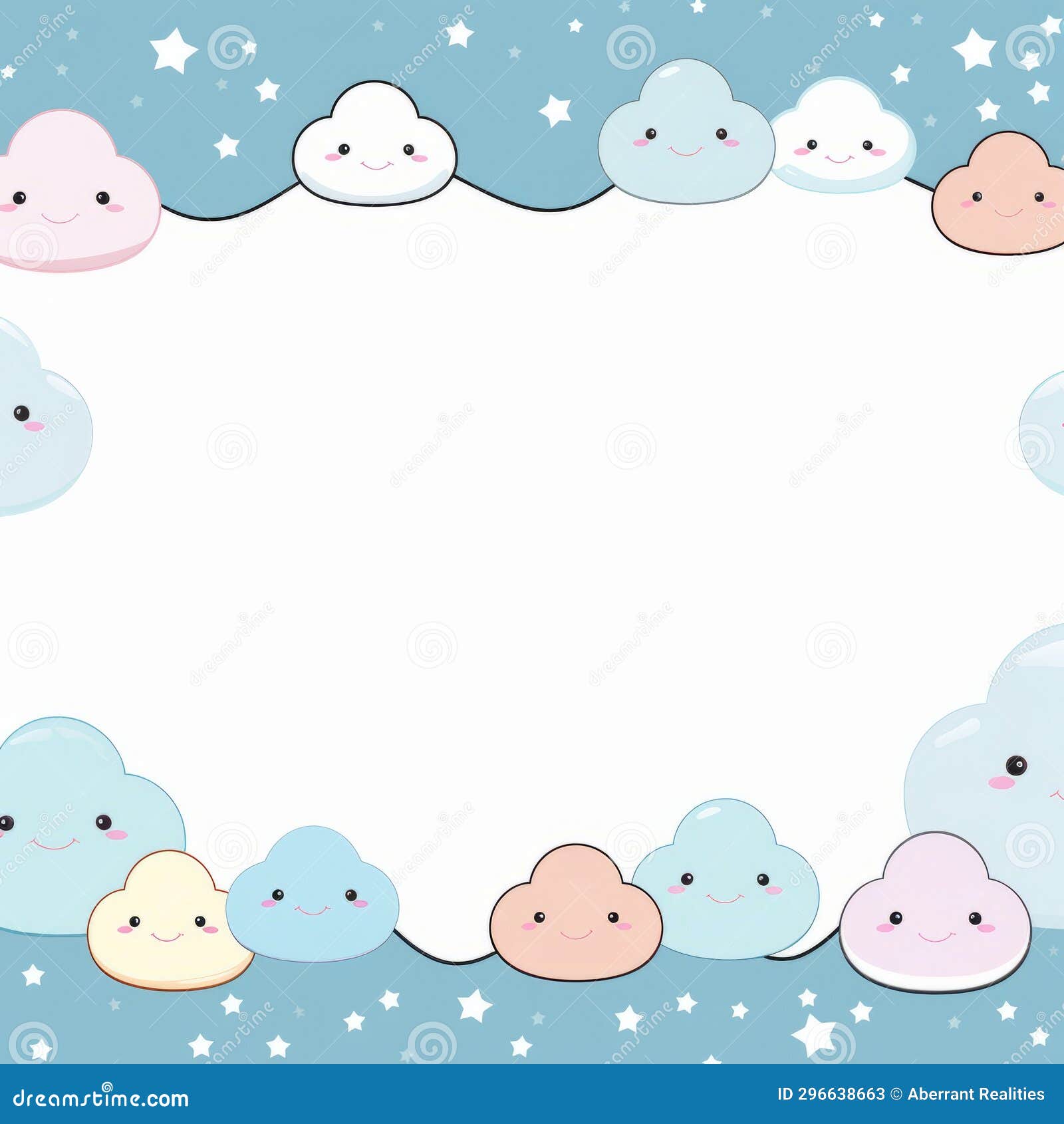 Kawaii Cloud Border with Cute Clouds and Stars on a Blue Background ...