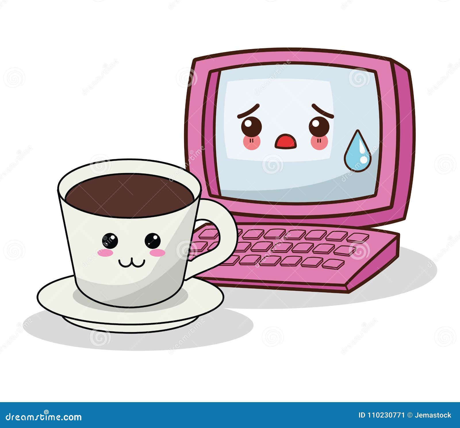 Kawaii Computer with Coffee Cup Image Stock Vector - Illustration of ...