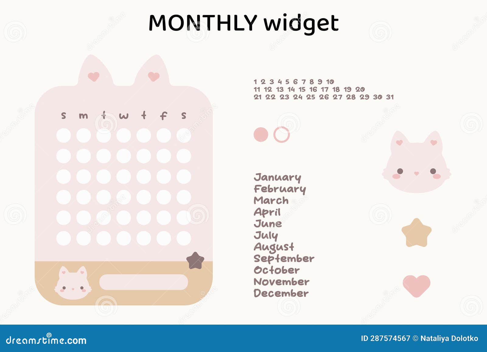 Kawaii Digital Monthly Widget. Kawaii Widget with Cute Kitten Stock ...