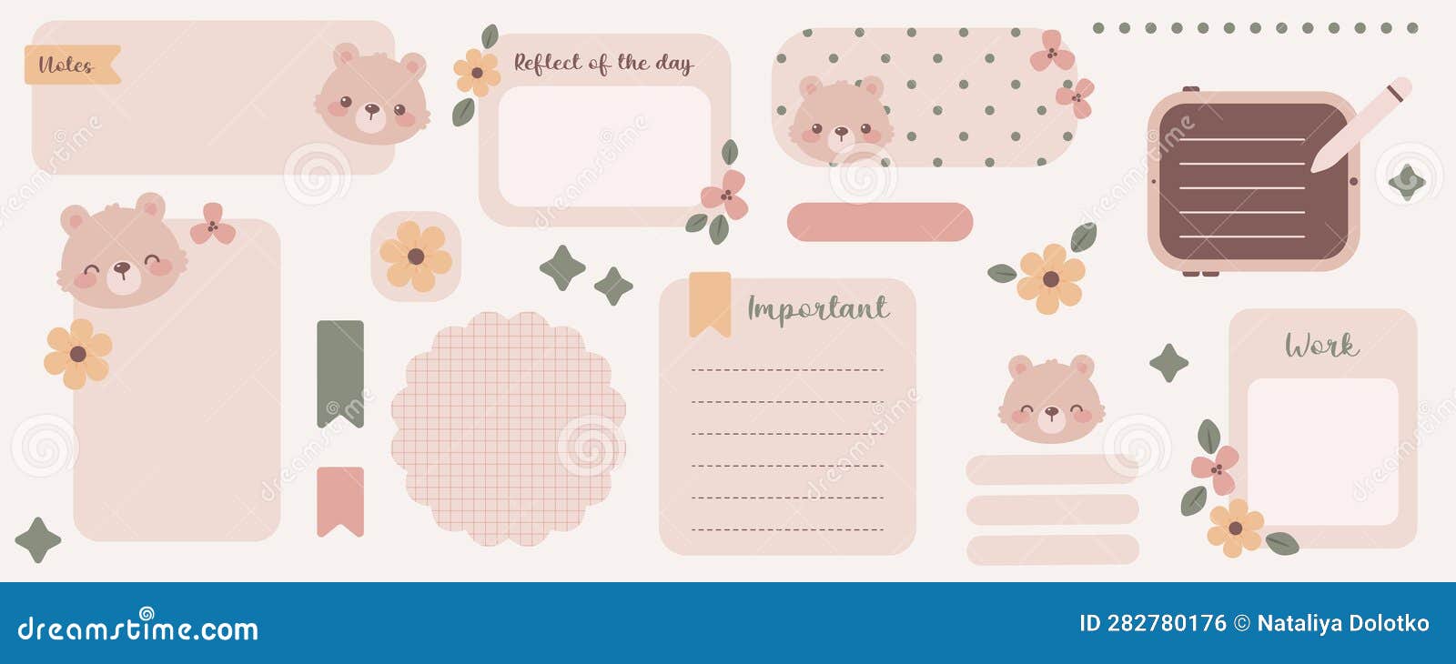 Kawaii Digital Stickers with Cute Bear. Digital Note Papers and ...