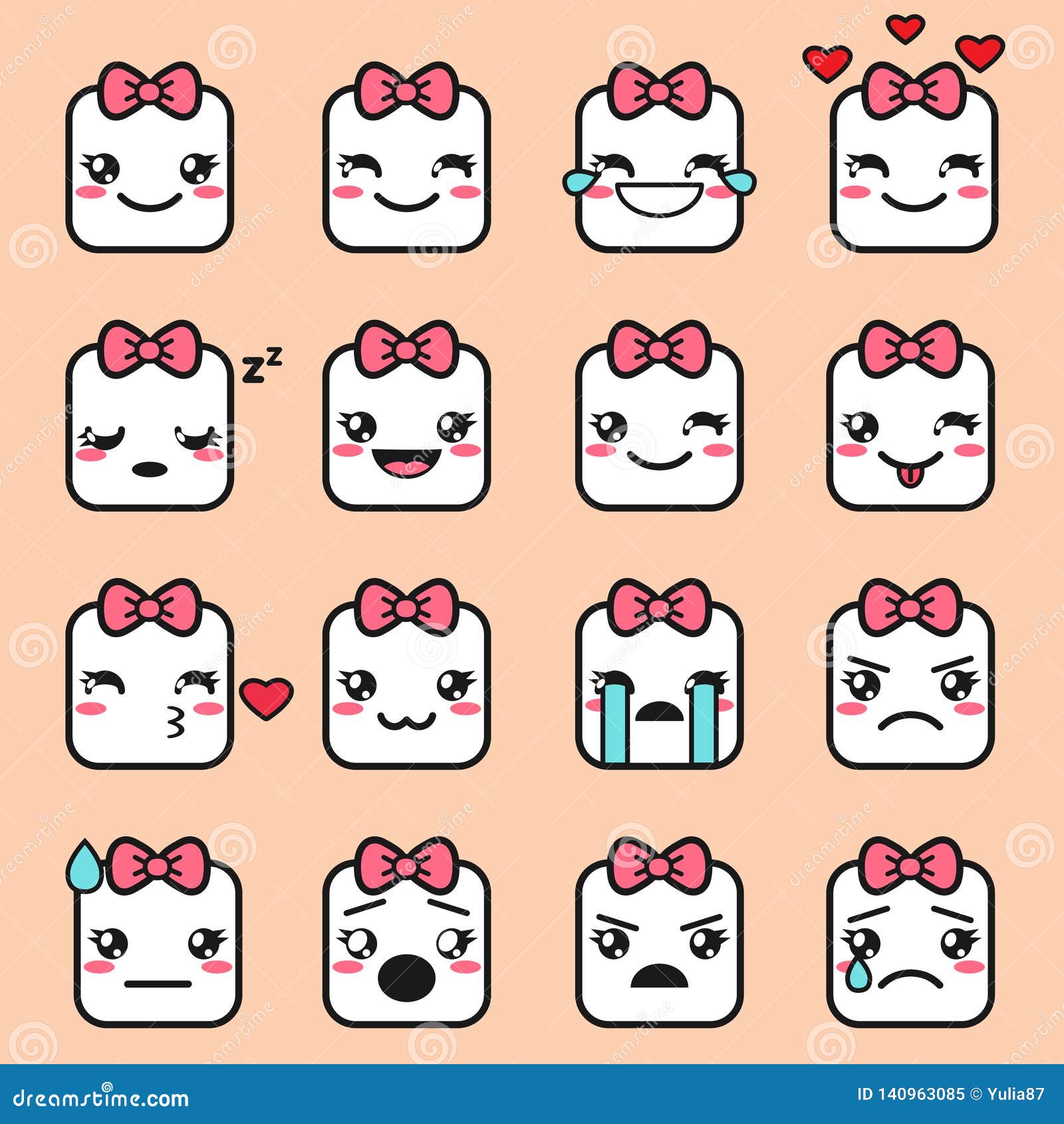 Kawaii Emojis Set Asian Japanese Smileys Vector Illustration ...