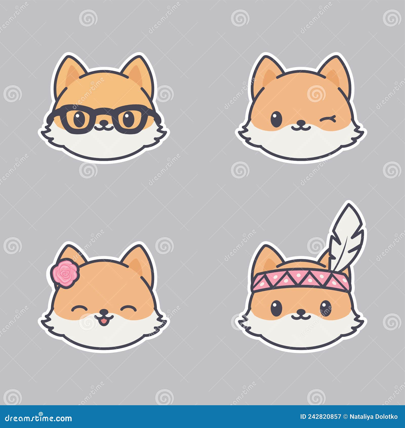 Cute Kawaii Foxes Sticker Set. Happy Little Foxes Emoji. Vector Art ...