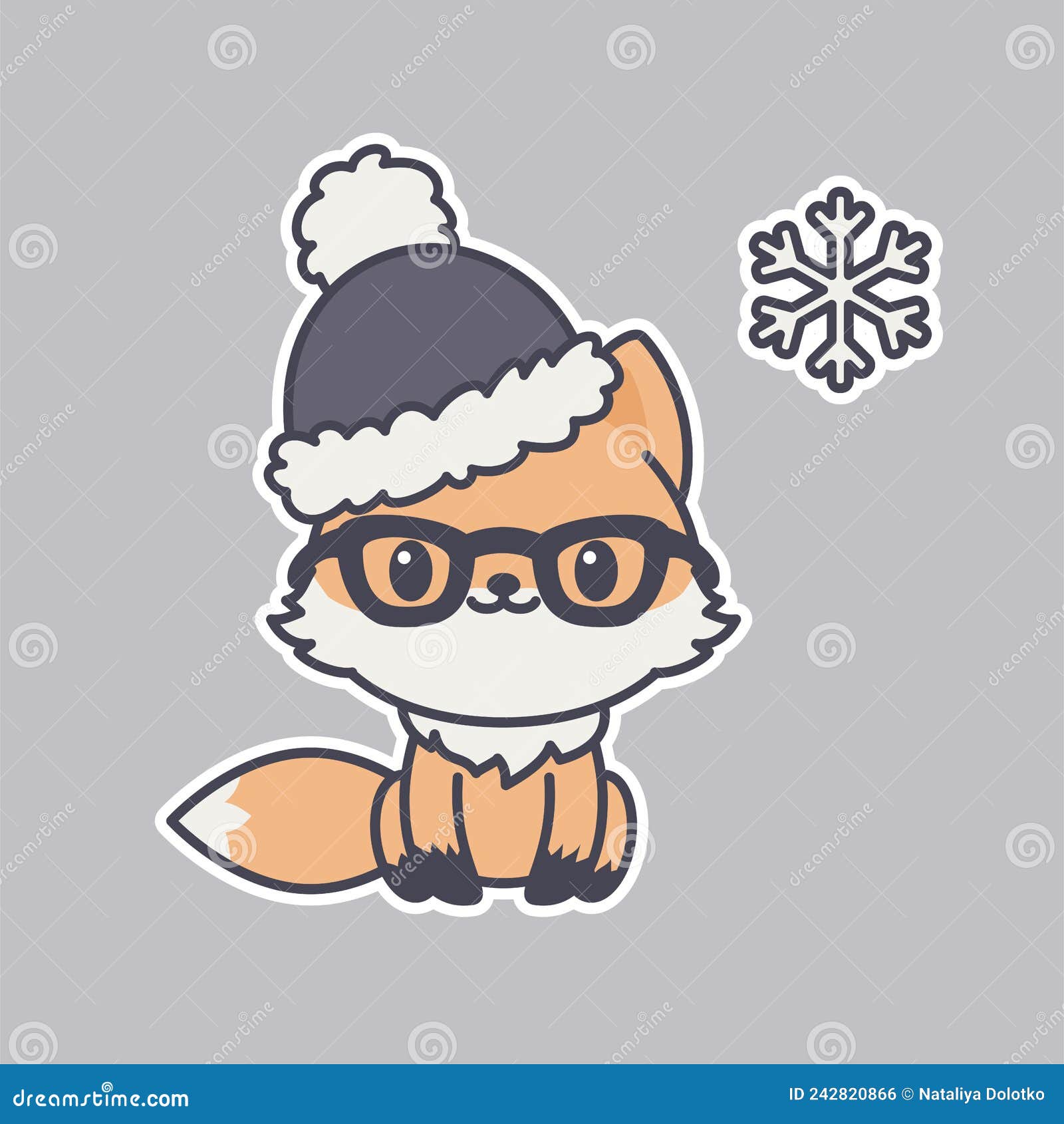 Cute Kawaii Fox Sticker. Happy Little Foxes Wearing Winter Hat. Winter ...