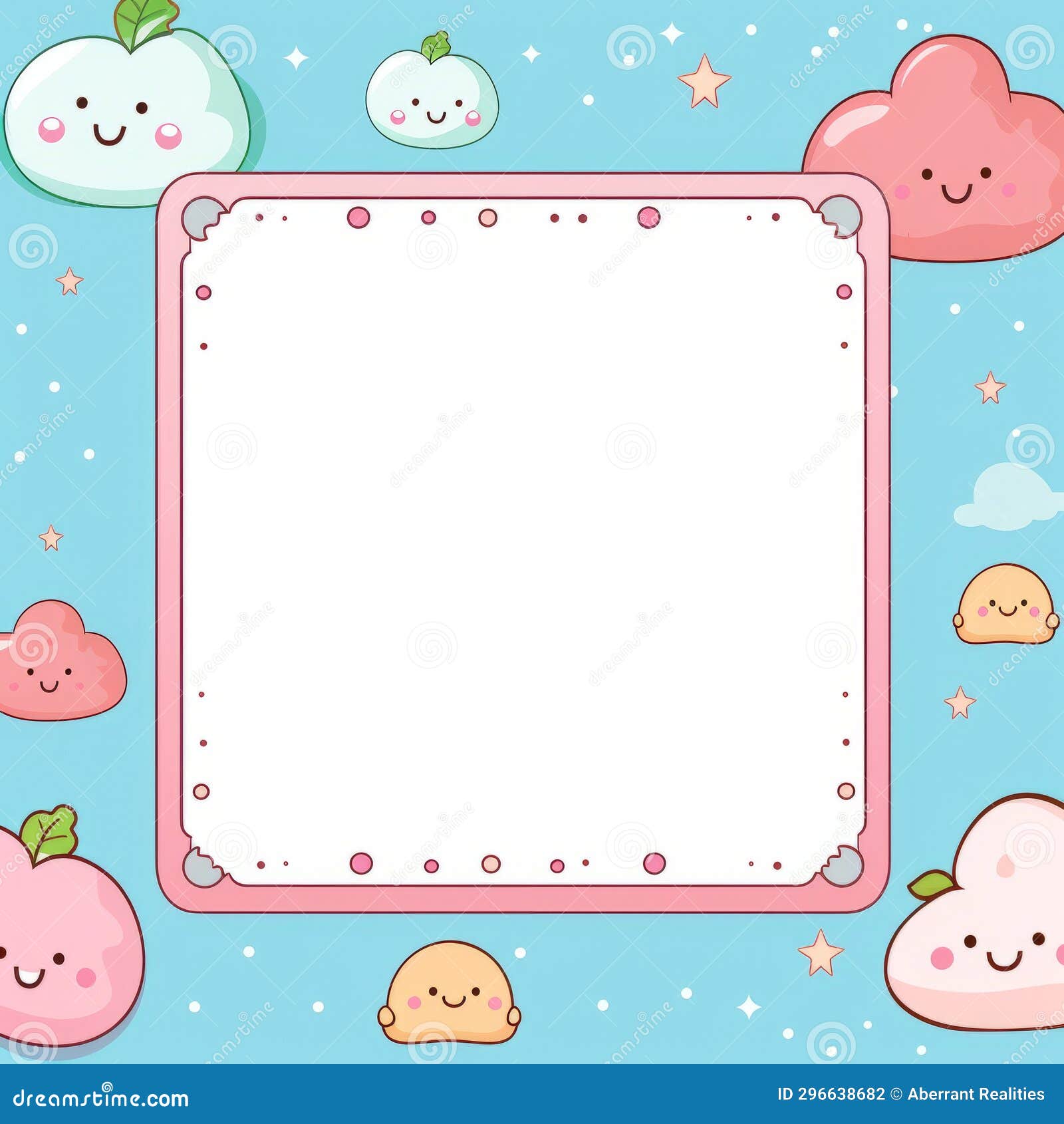 Kawaii Frame with Cute Clouds and Fruit on a Blue Background Stock ...