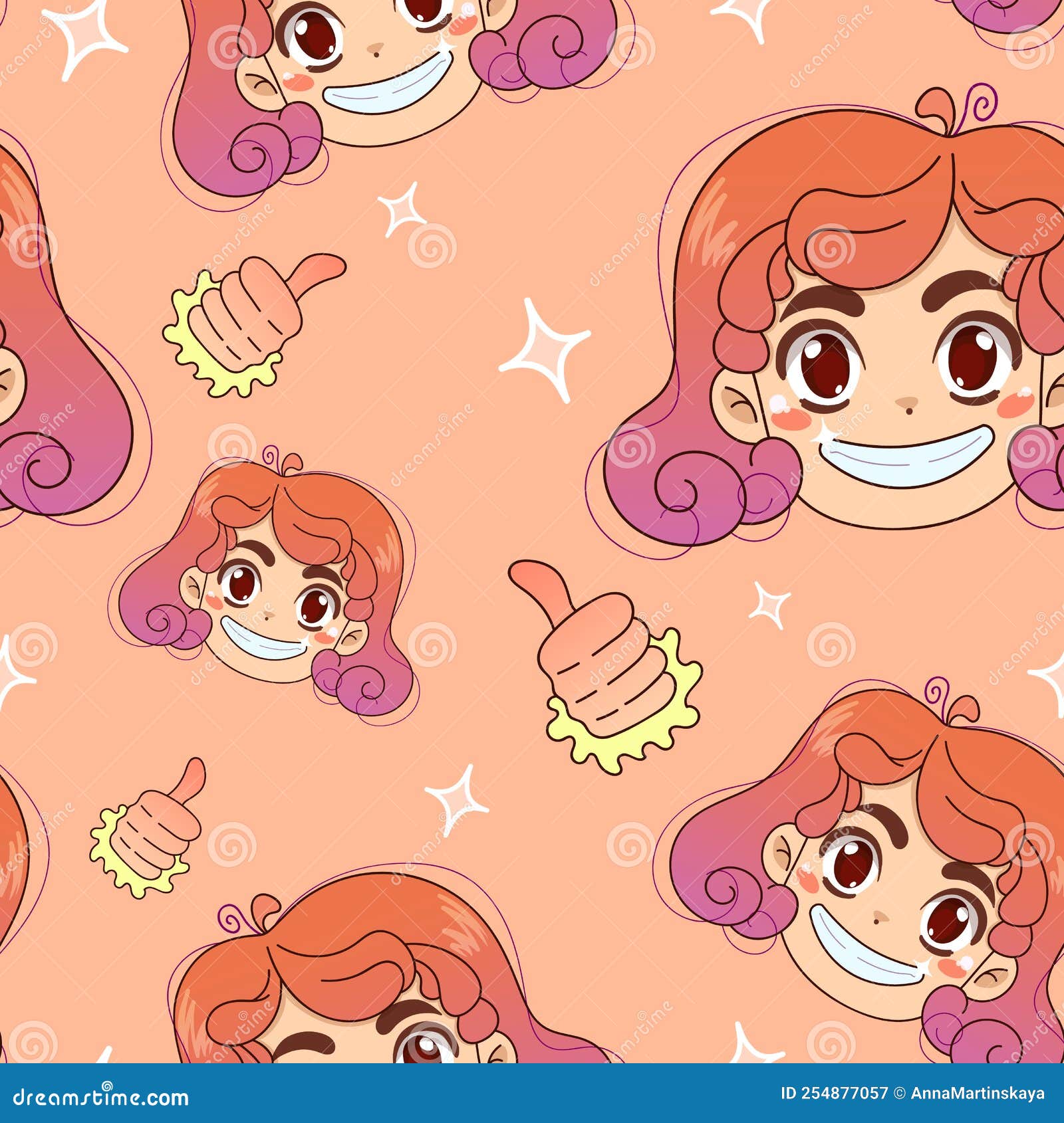 Kawaii Girl Seamless Pattern. Hand Gesture LIKE Stock Vector ...