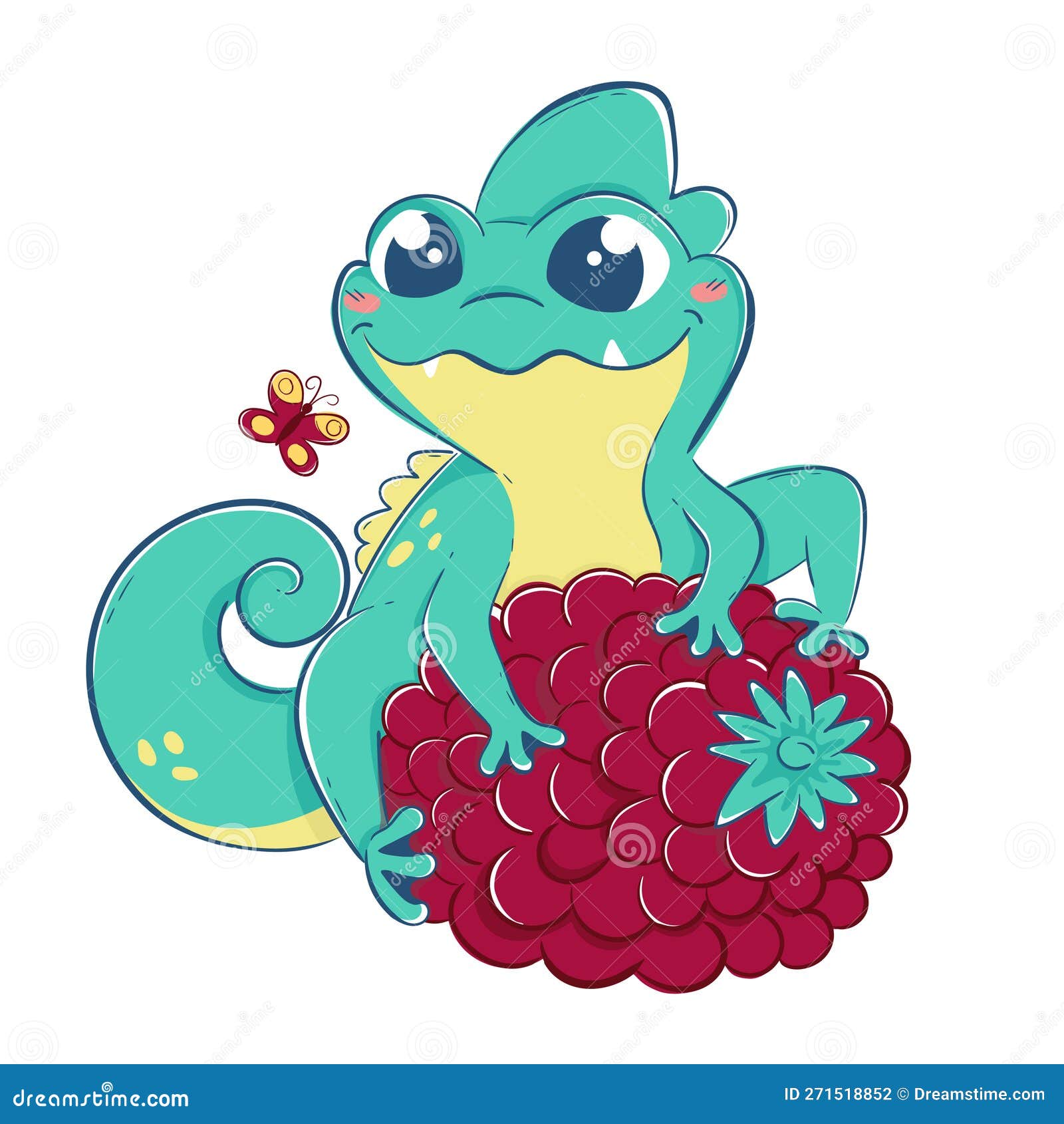 Kawaii Green Cartoon Lizard Sits on a Big Raspberry Stock Vector ...
