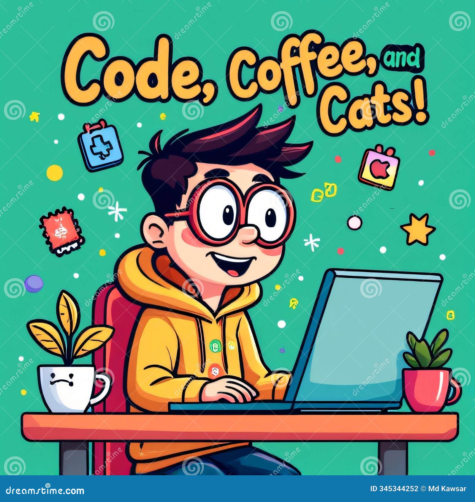 Kawaii Programmer with Code, Coffee, and Cats T-Shirt Design Stock ...