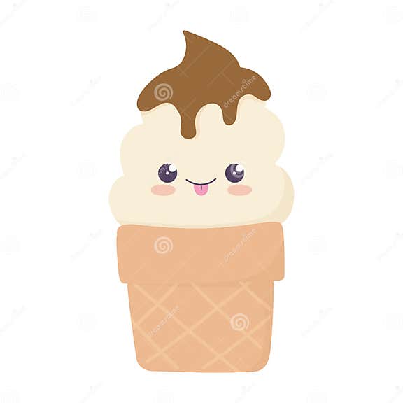 Kawaii Sweet Ice Cream Cone Cute Cartoon Isolated Icon Stock Vector