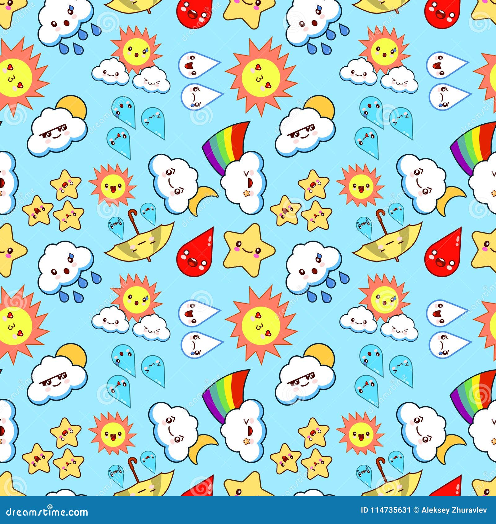 Kawaii Weather Icons. Colored Vector Seamless Pattern on Blue ...