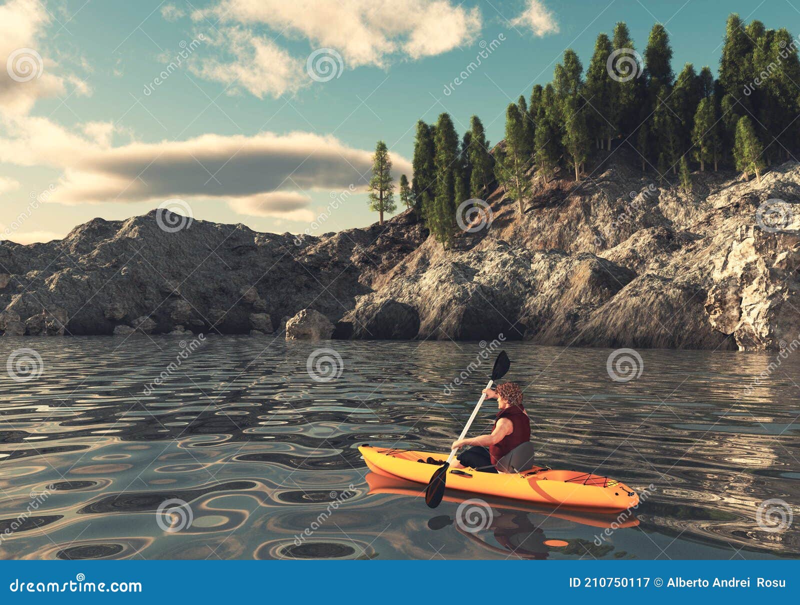 Man Canoeing on a Lake at Mountains Stock Illustration - Illustration ...