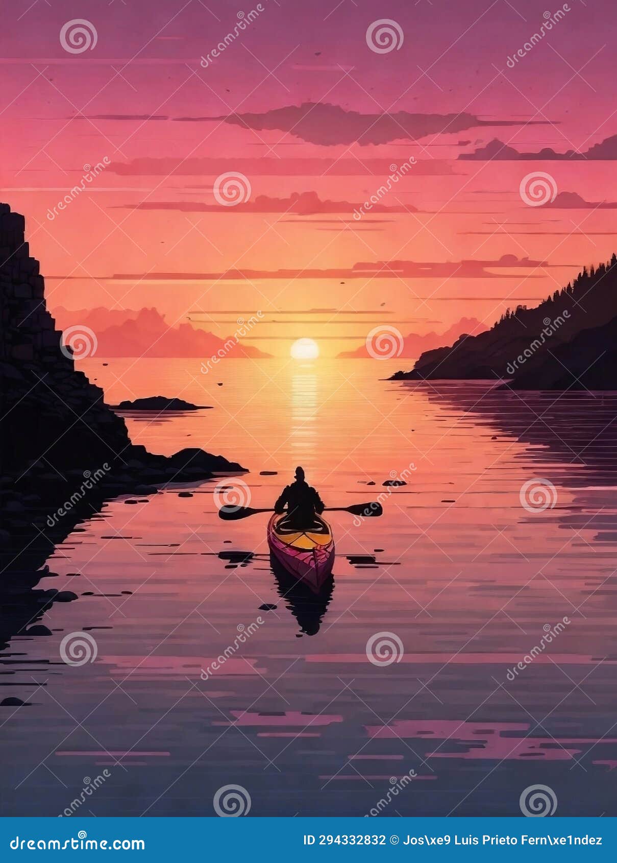 A kayak at sunset stock illustration. Illustration of clouds - 294332832