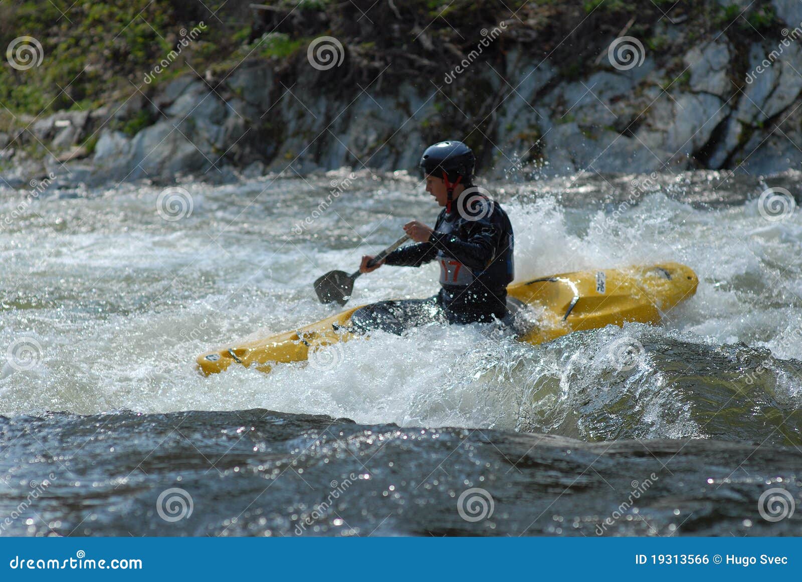 Kayaker in a wild stream editorial photo. Image of drops - 19313566