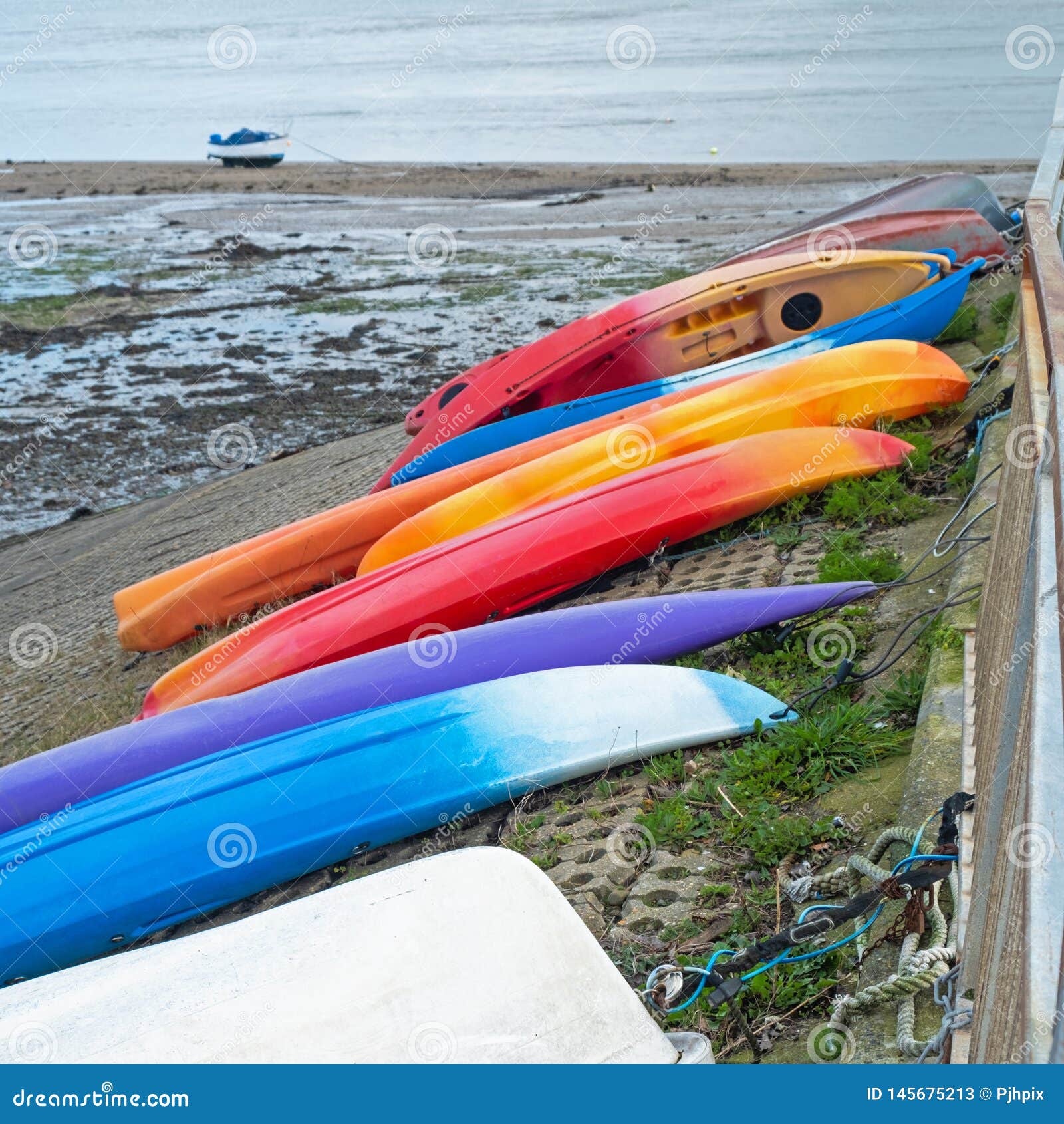 Kayaks on display on shore stock image. Image of activity - 145675213