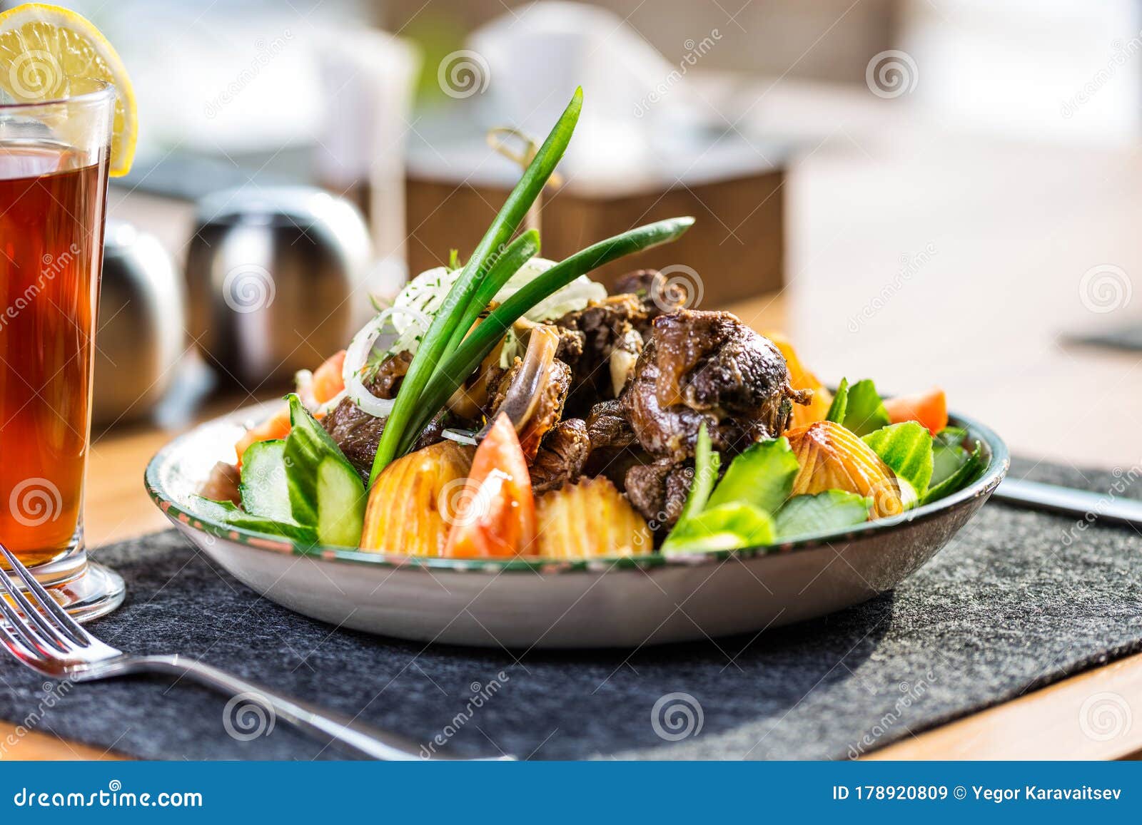Kazan Kebab on Plate with a Cup of Tea Stock Image - Image of eastern ...
