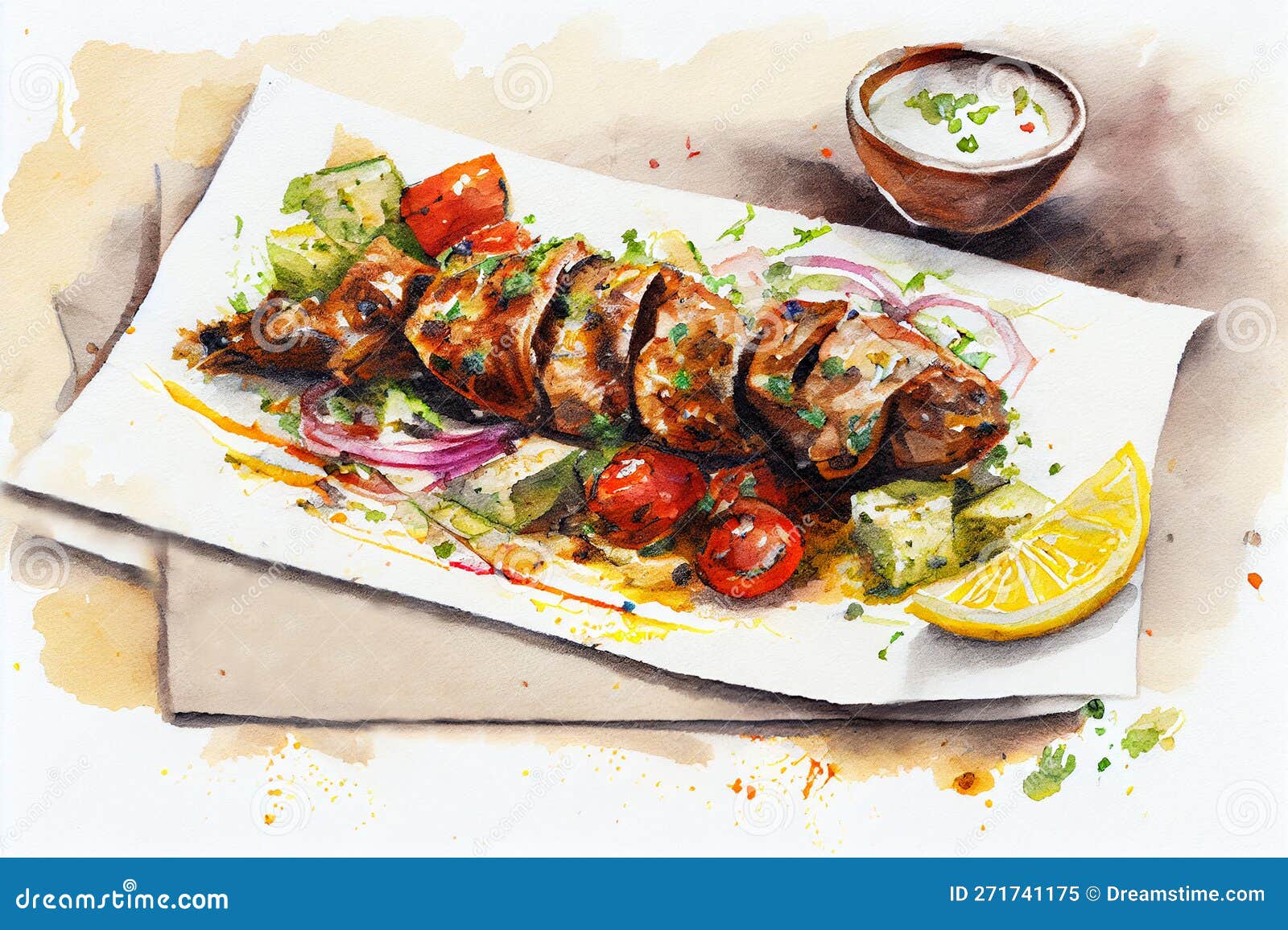 Kebab Drawing with Bit of Watercolour Stock Image - Image of curry ...